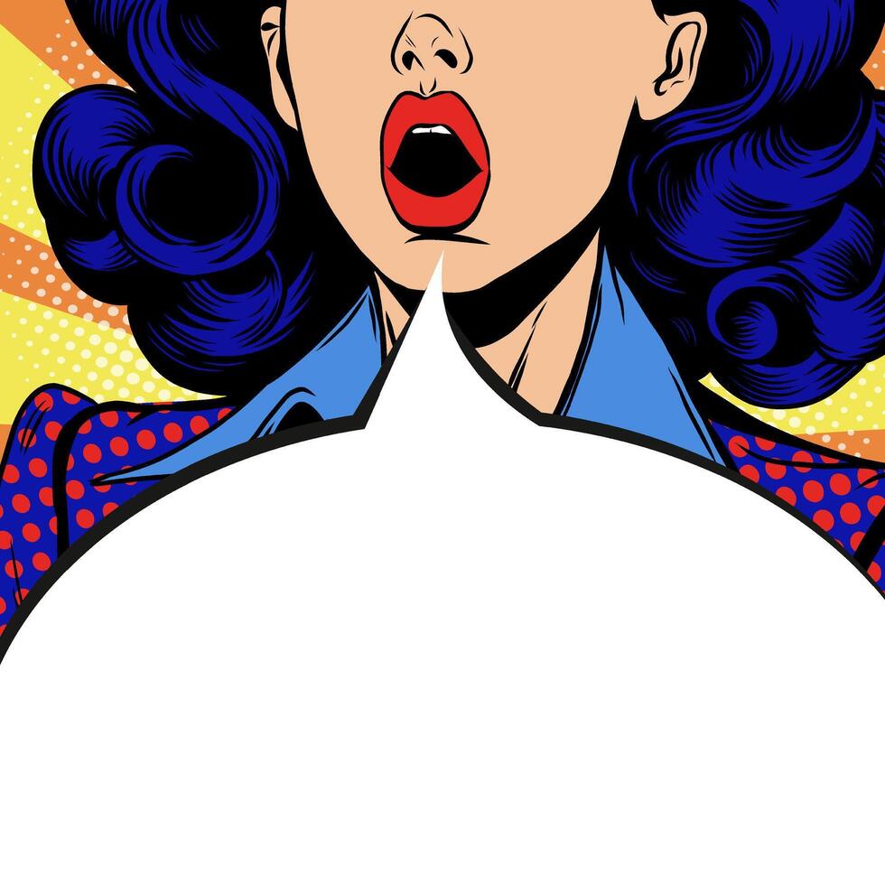 Close Up Surprised Pop Art Woman With Open Mouth And Speech Bubble Screaming Announcement Retro
