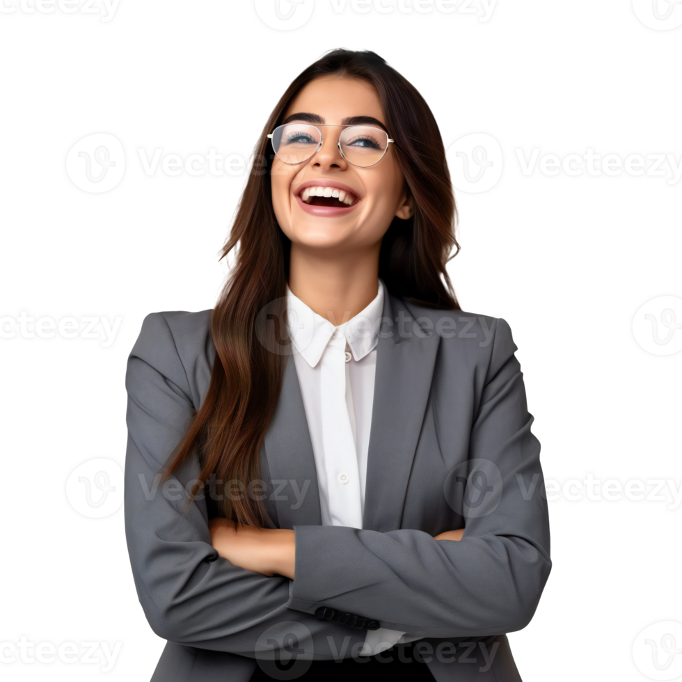 smiling business woman arms crossed. young woman wearing eyeglasses ...