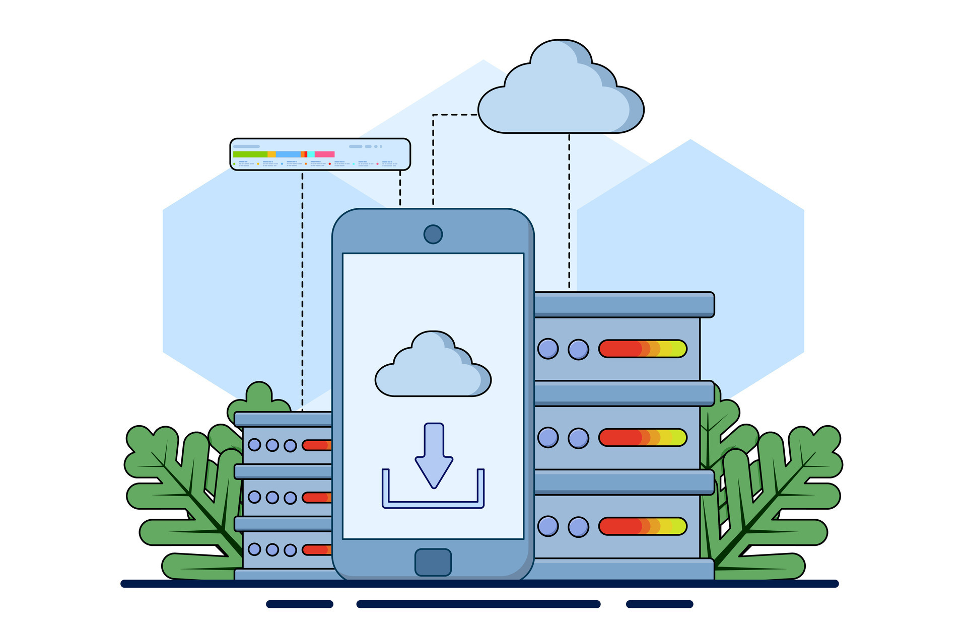 Mobile app concept of cloud storage, data backup, file sharing and online storage with secure ...