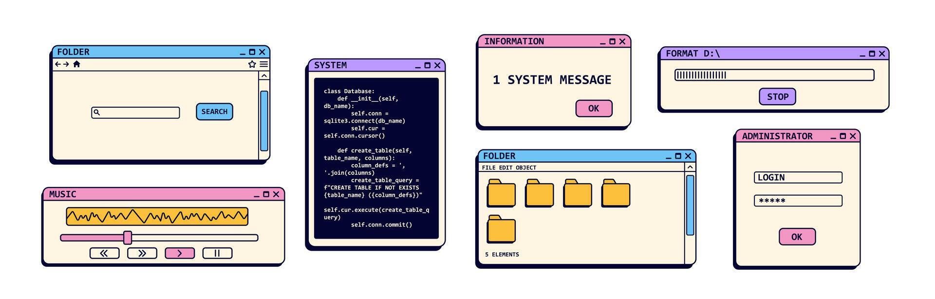 Set of nostalgic window with folders. Retro user interface for music player. 48790018 Vector Art ...