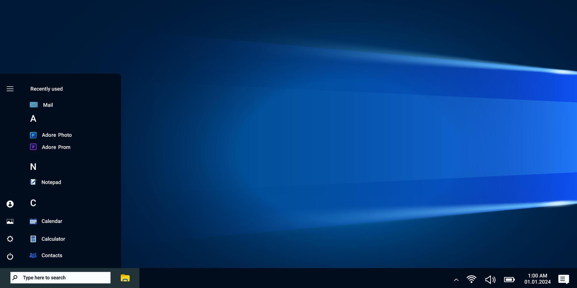 Operating system window in blue dark style with start menu and system ...