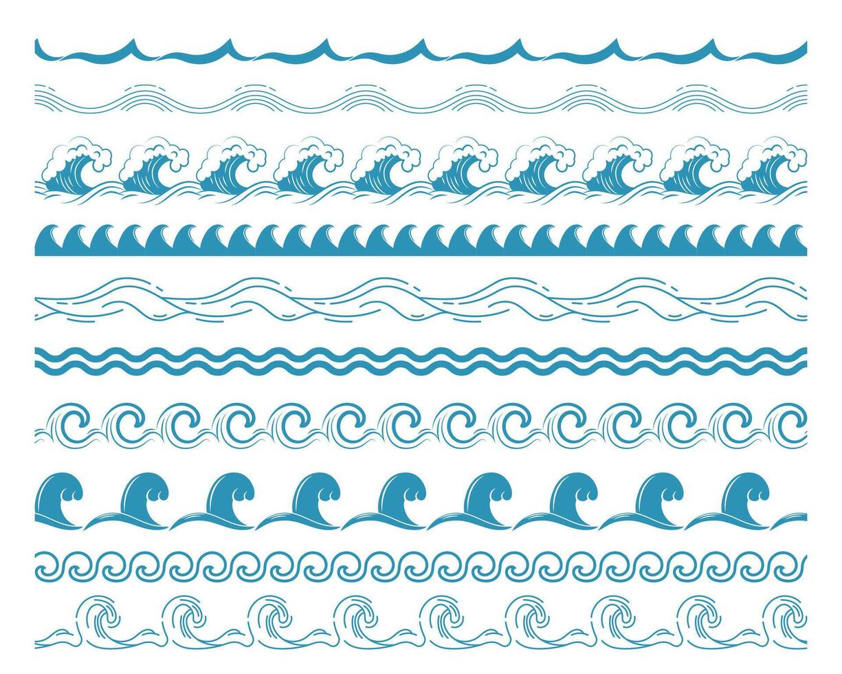 Sea wave borders. Seamless ocean blue waves, nautical horizontal border ...