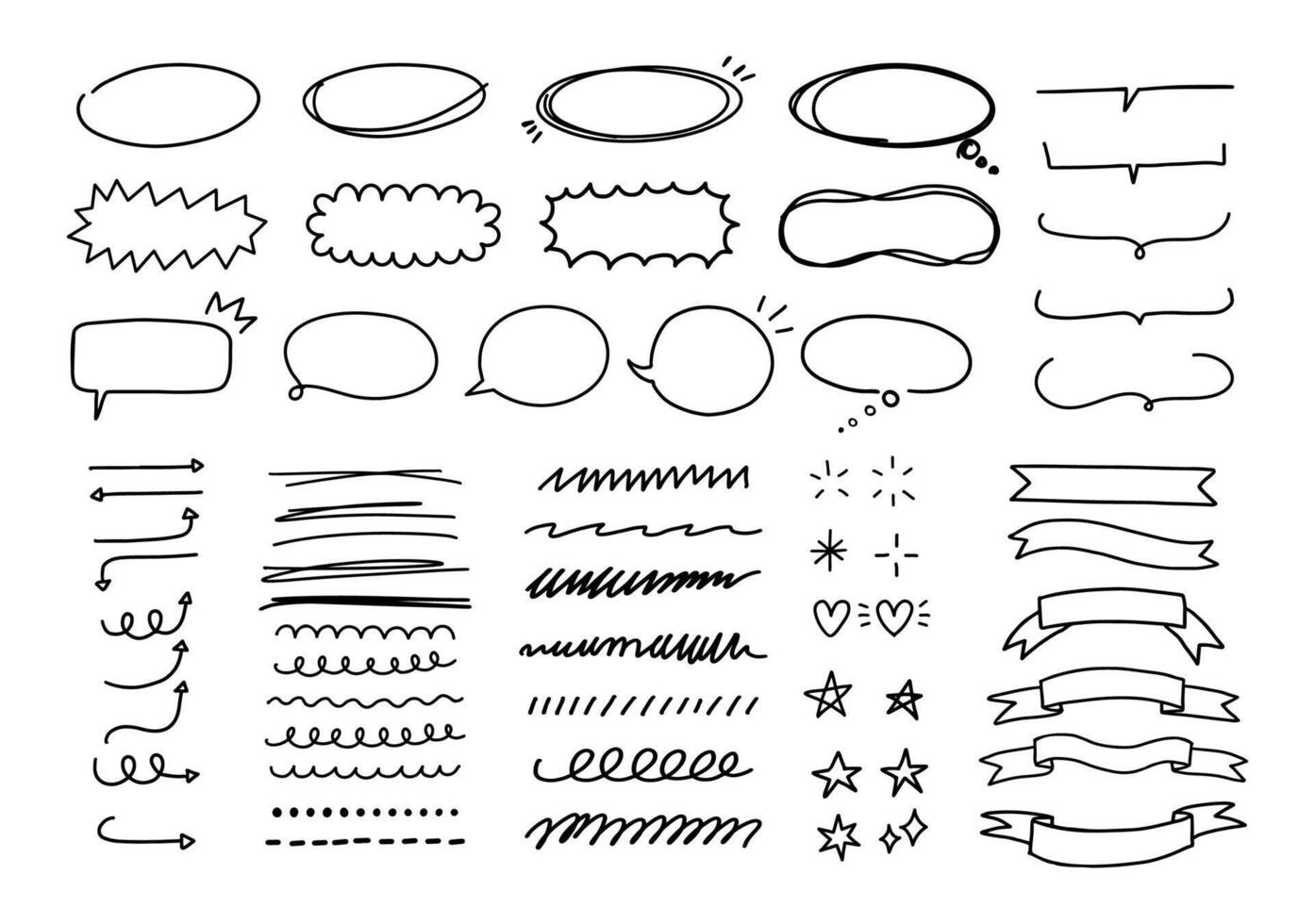 Doodle scribble. Sketch line frames and elements. Underline shapes, speech bubble, paint ink ...