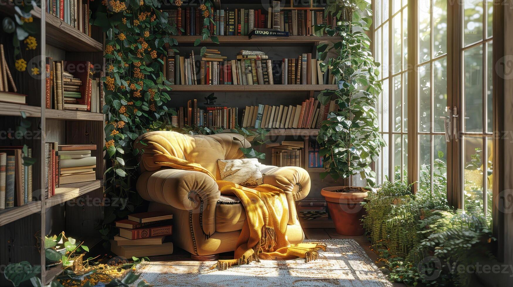 Cozy Reading Nook With Sunlit Window and Bookshelves 48814207 Stock Photo at Vecteezy