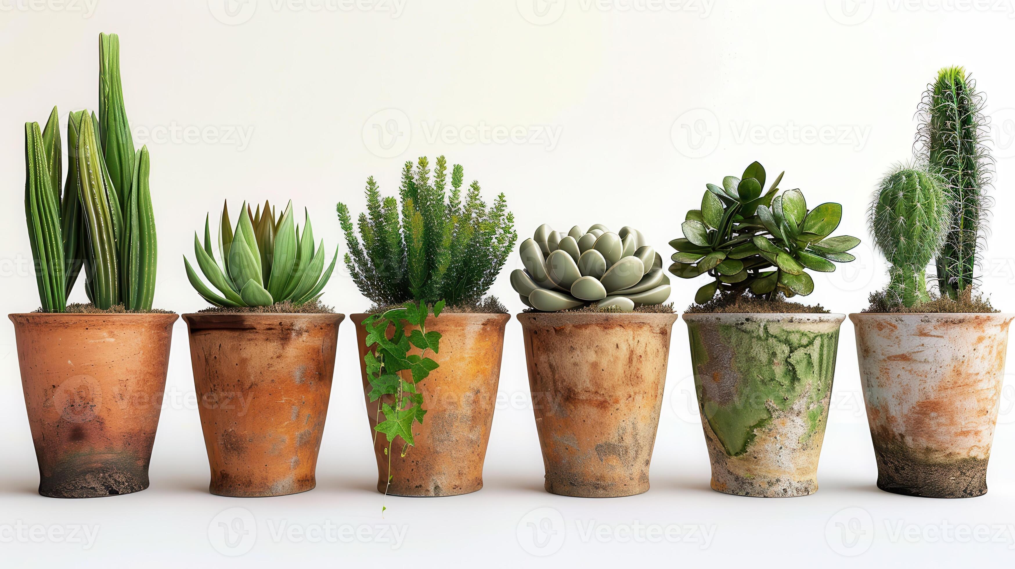 Variety of Succulents and Cacti in Rustic Terracotta Pots on Wooden Table at Bright Sunny Day ...