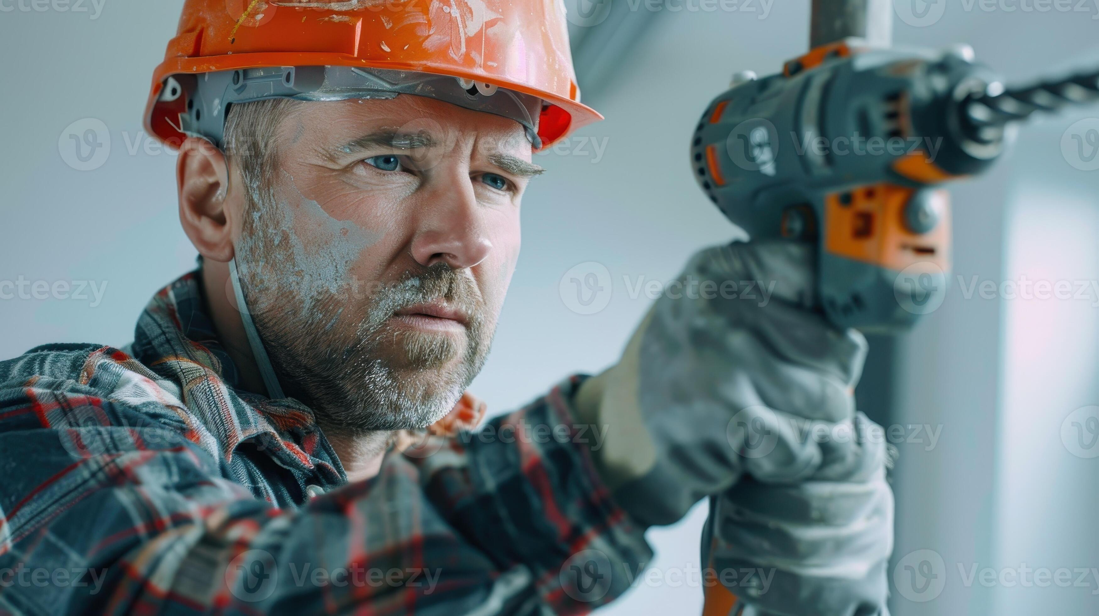 Skilled Construction Worker Using Power Tool in Brightly Lit Interior ...