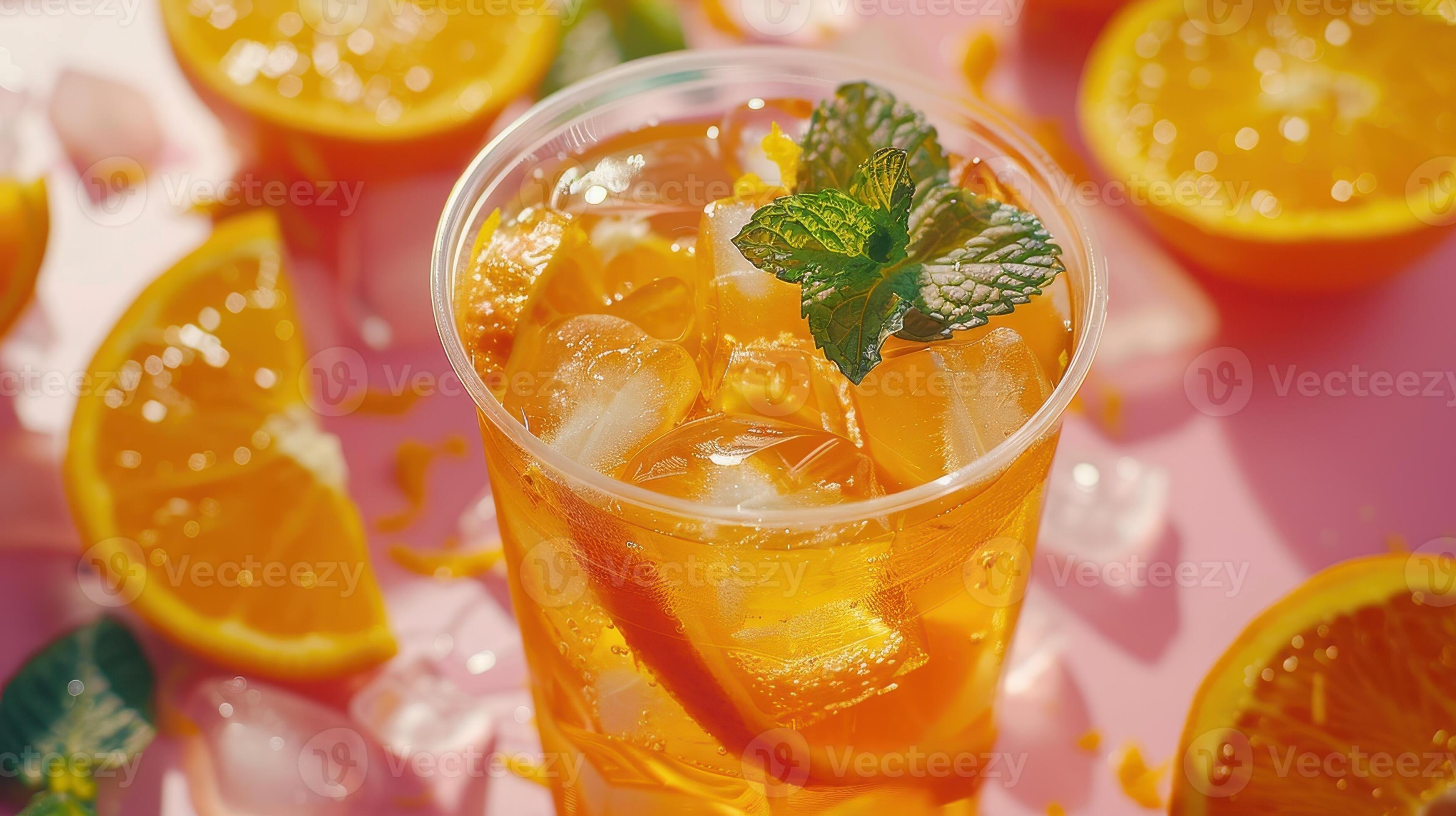 Refreshing Citrus Beverage Over Ice With Mint Garnish Surrounded by Fresh Oranges on a Vibrant ...