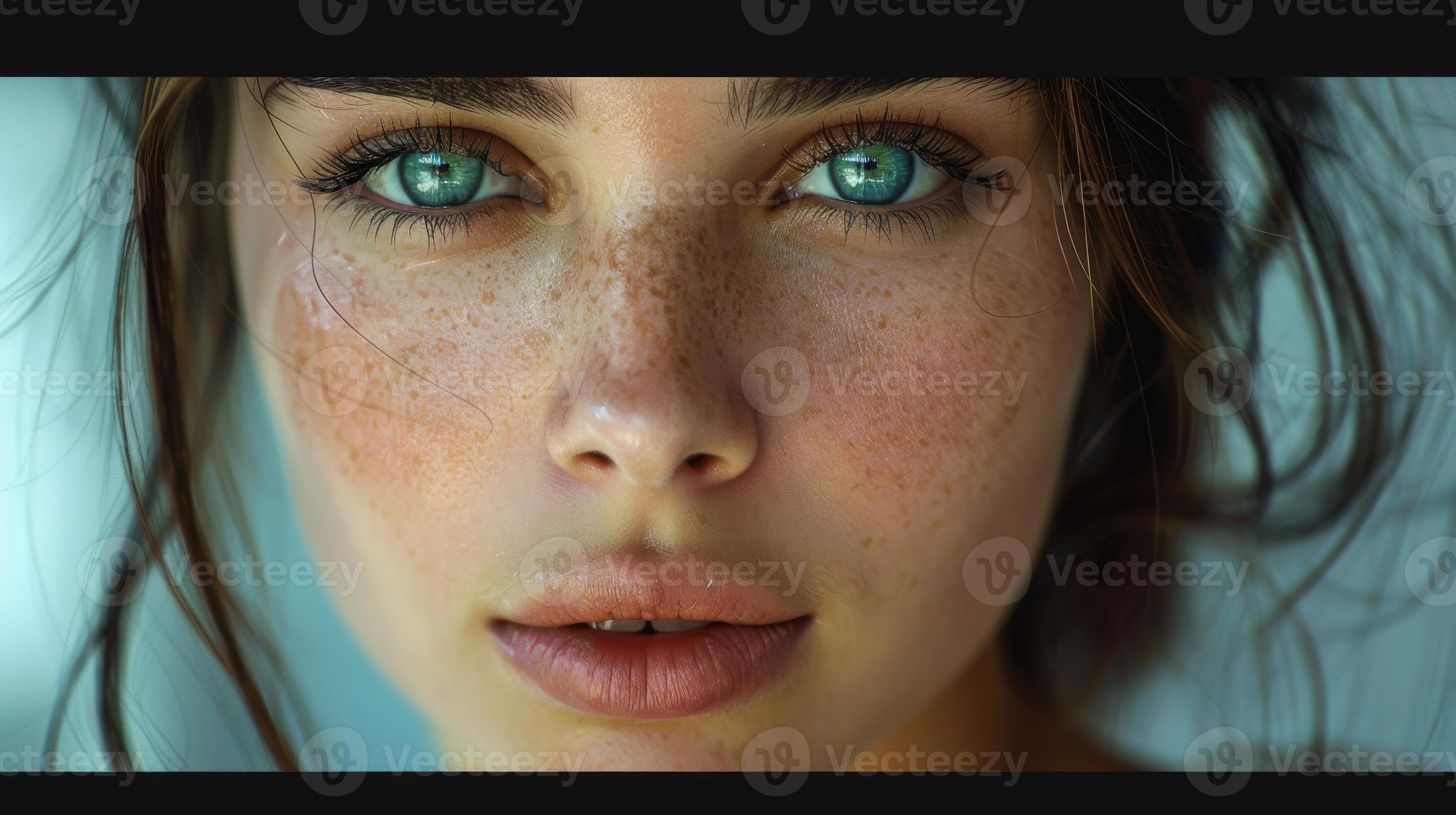 Captivating Close-Up of a Young Woman With Freckles and Striking Blue Eyes Natural Light ...