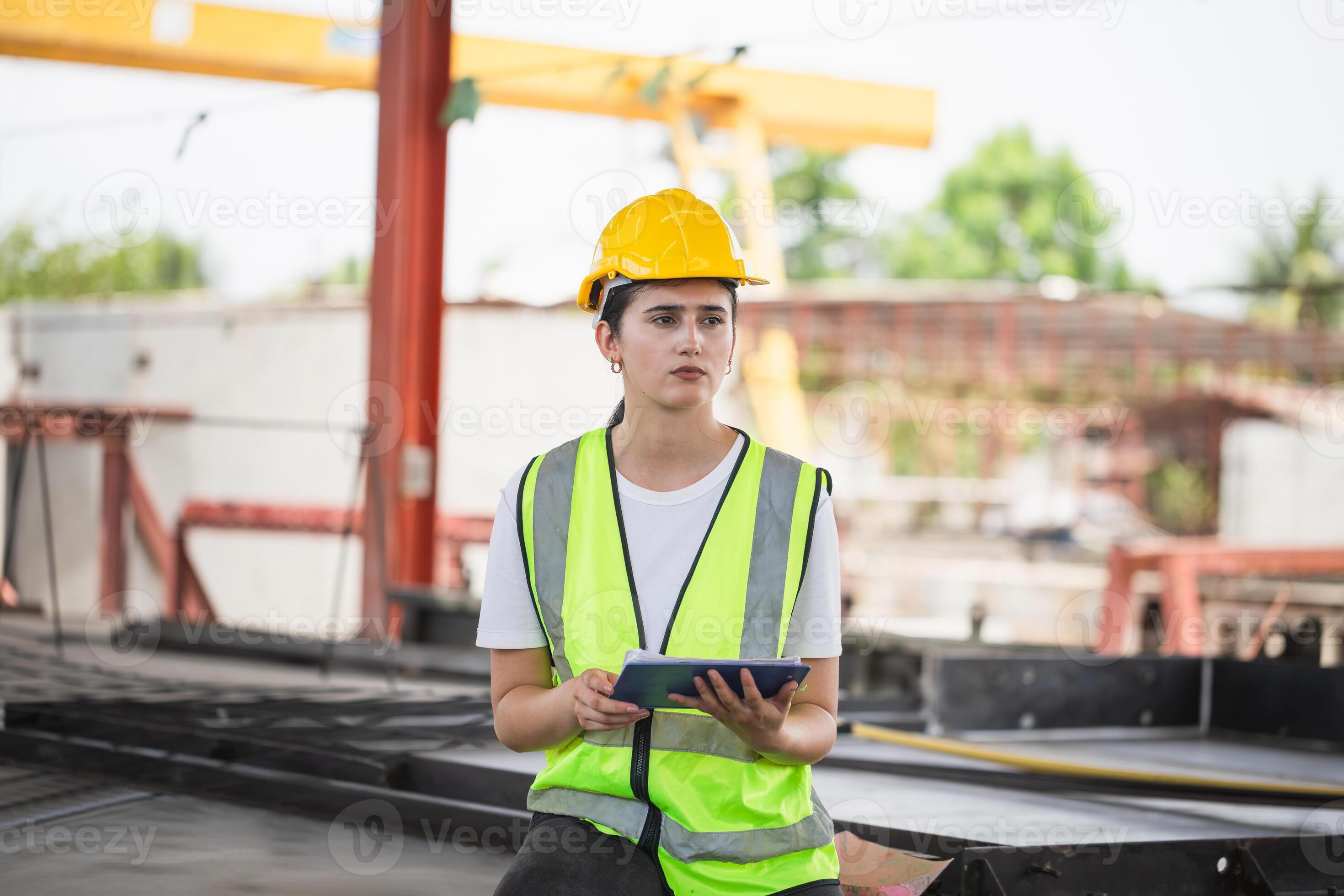 Factory Foreman Worker In Hardhat At The Precast Factory Site Female Engineer Checking Project