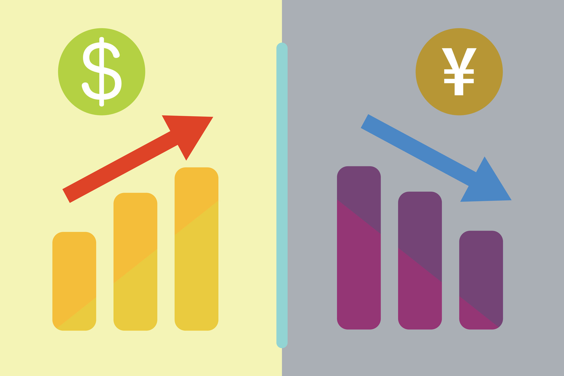 Dollar price up and yen price down. Bar graph icon and arrow graph icon ... Dollar price up and yen price down. Bar graph icon and arrow graph icon ...