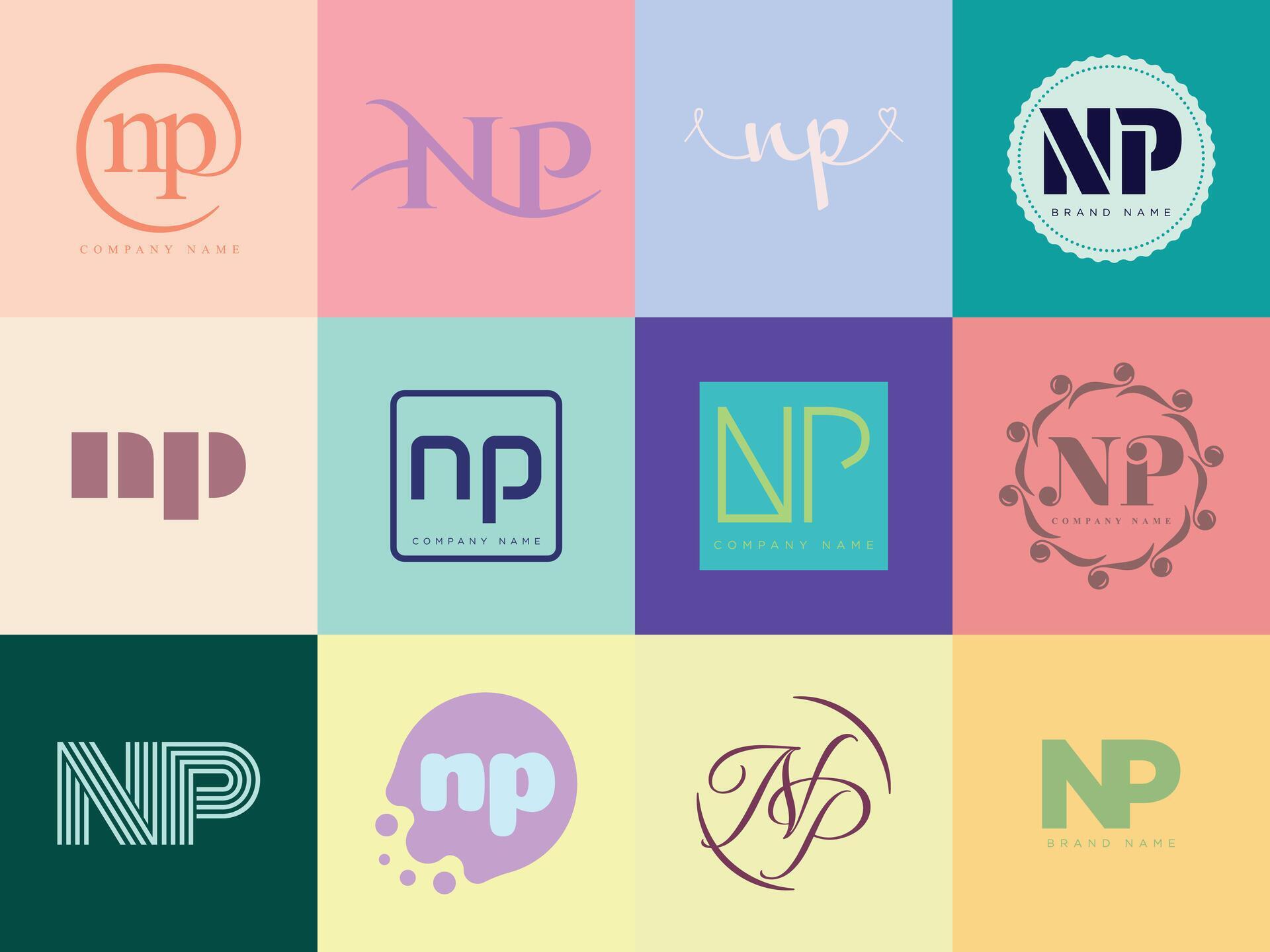 NP logo company template. Letter n and p logotype. Set different classic serif lettering and ...