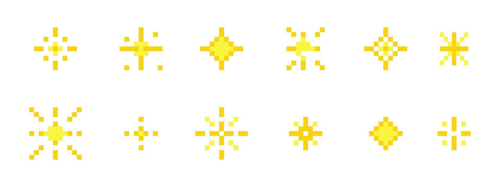 Pixel star retro 8 bit sparkle set. Shiny game pixel art effect set. Firework burst, space ...