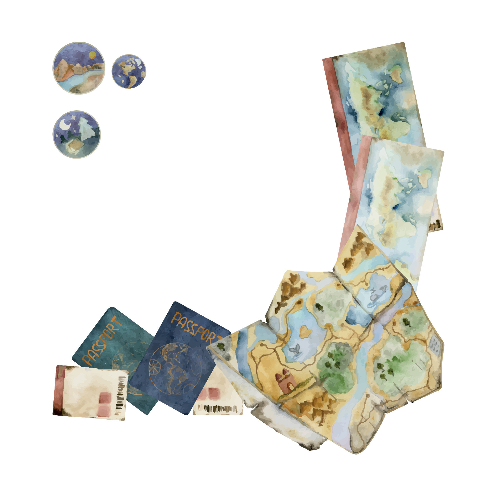 Multinational world map, passport id document, plane train ferry ticket ... Multinational world map, passport id document, plane train ferry ticket ...
