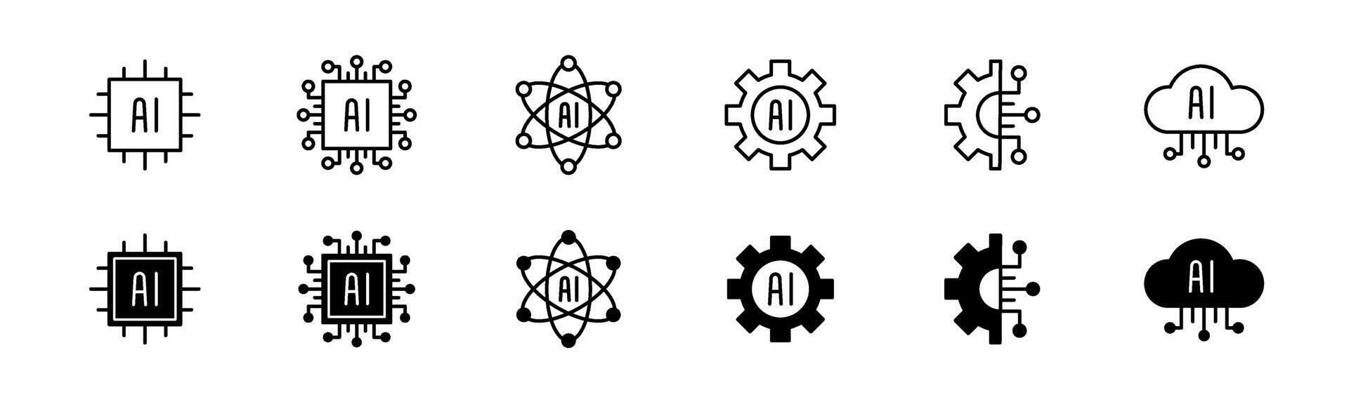 AI icon set. Line and glyph AI technology. Artificial intelligence chip ...