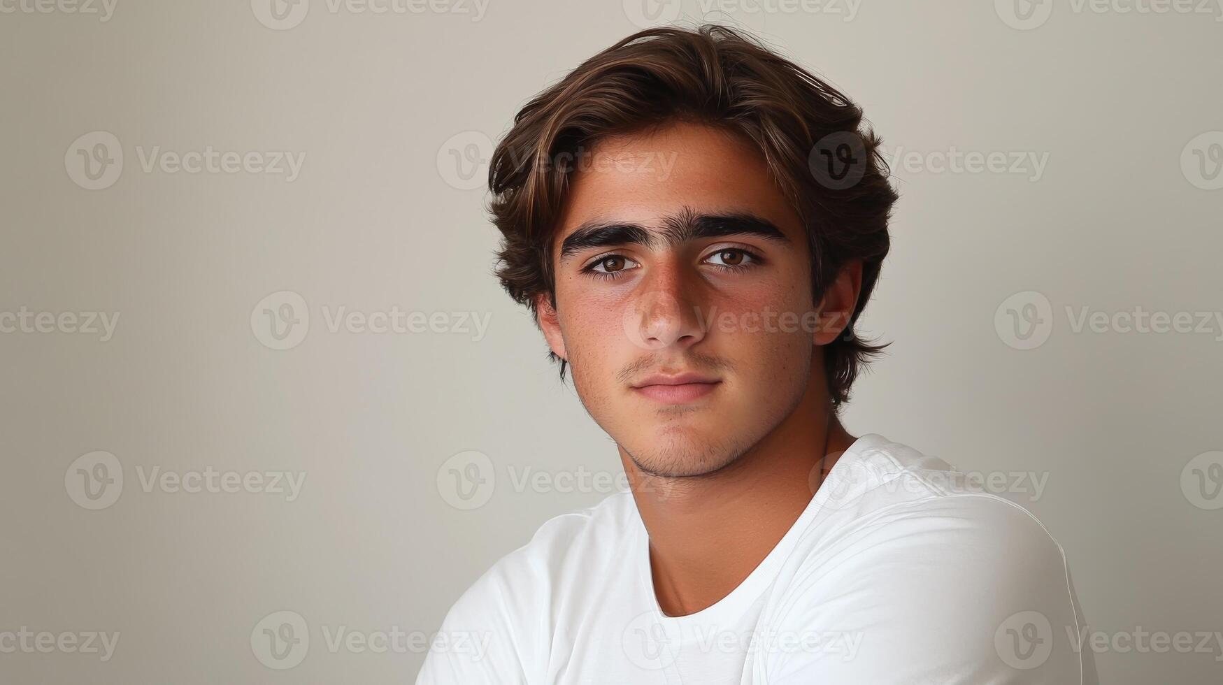 Teen boy poses for a portrait against a neutral background 48867325 ...