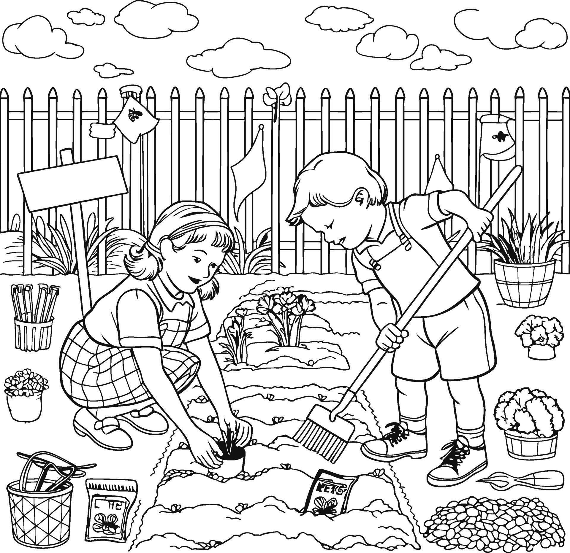 Boys And Girls Are Gardening Coloring Page For Kids. Black and white ...