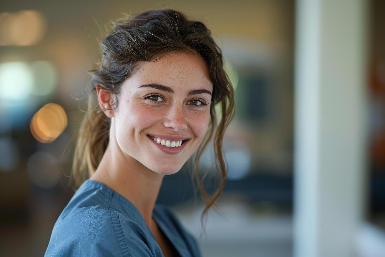 Portrait of a happy young woman with beautiful brown hair and brown ...