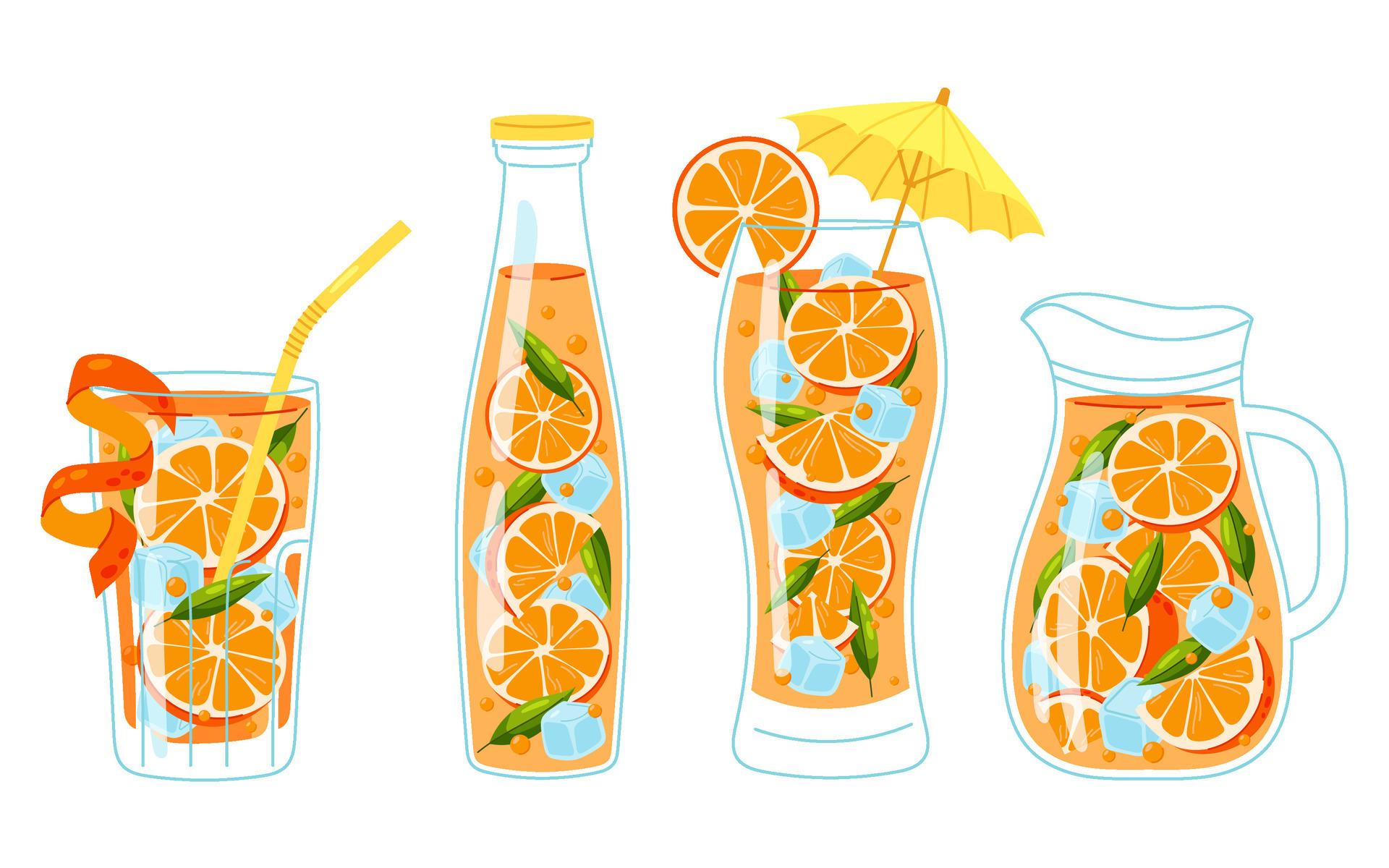 Orange lemonade in flat style. Set of summer cold drinks. Lemonade with ice in different glass ...