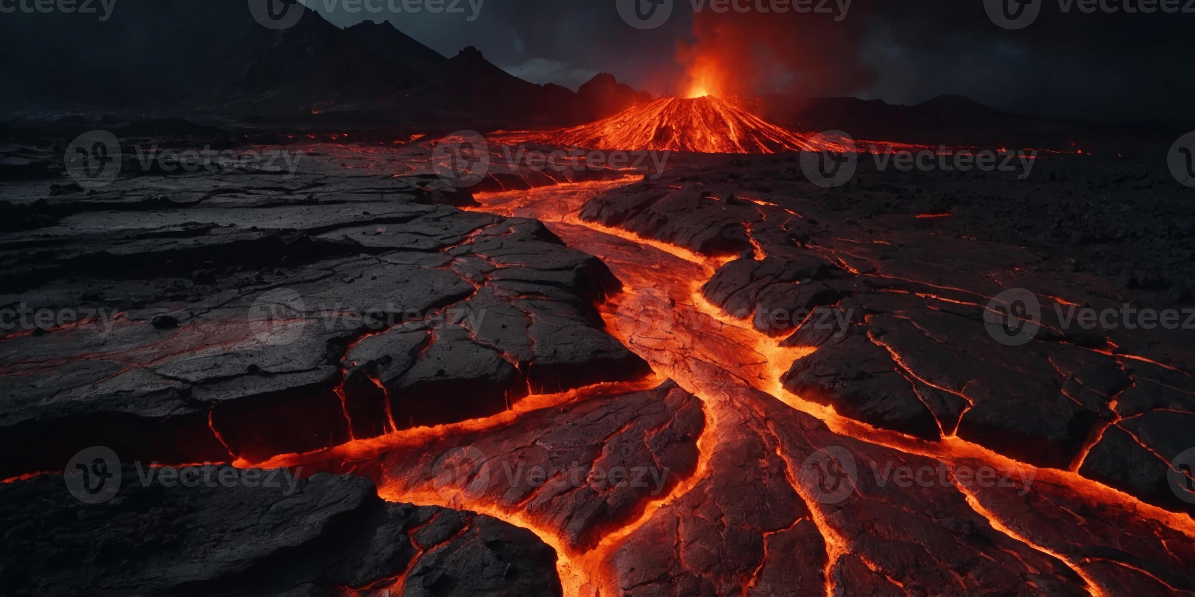 Volcanic eruption scene with fiery red glow and cracked earth Dark ...