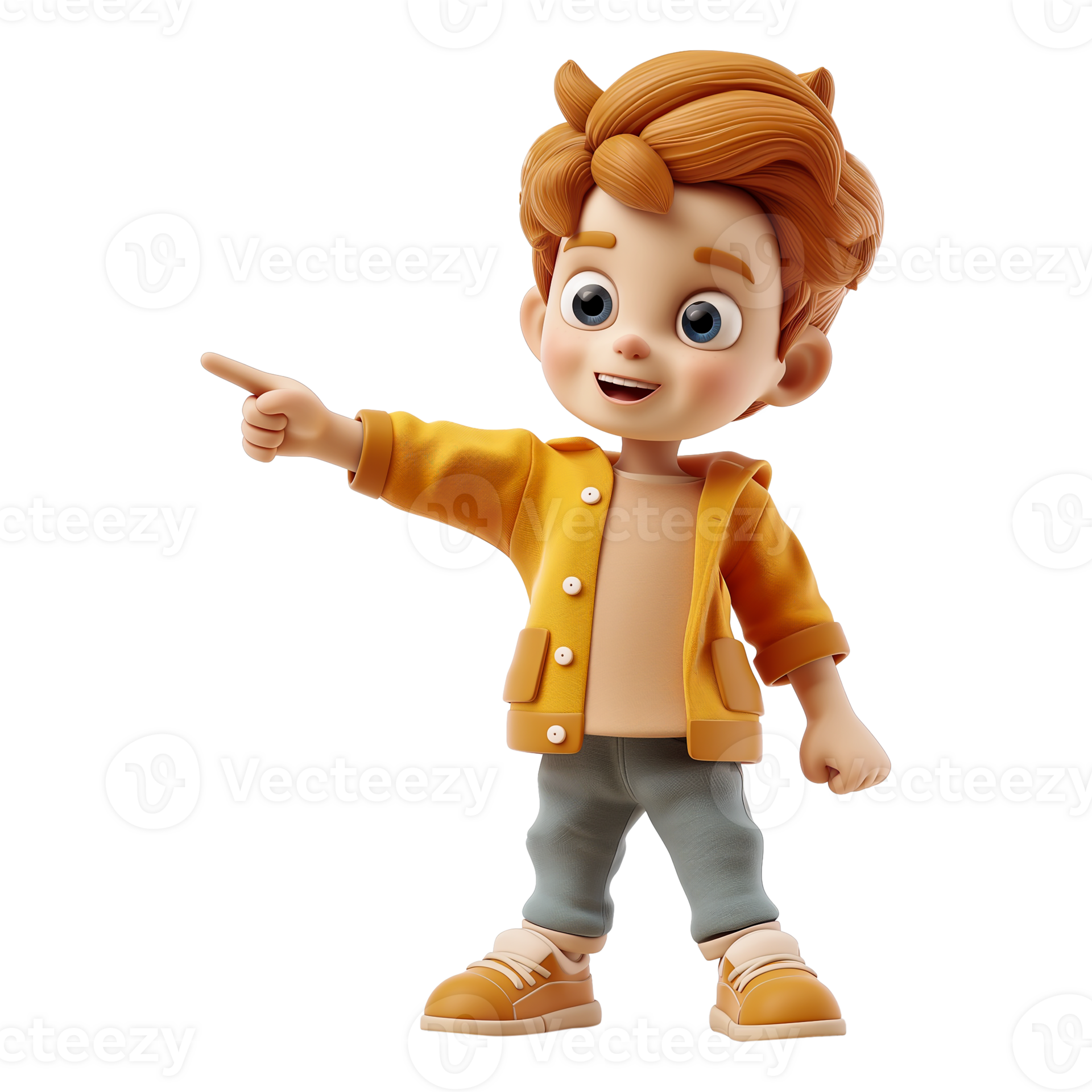 3D render illustration Cartoon character little boy points a finger ...