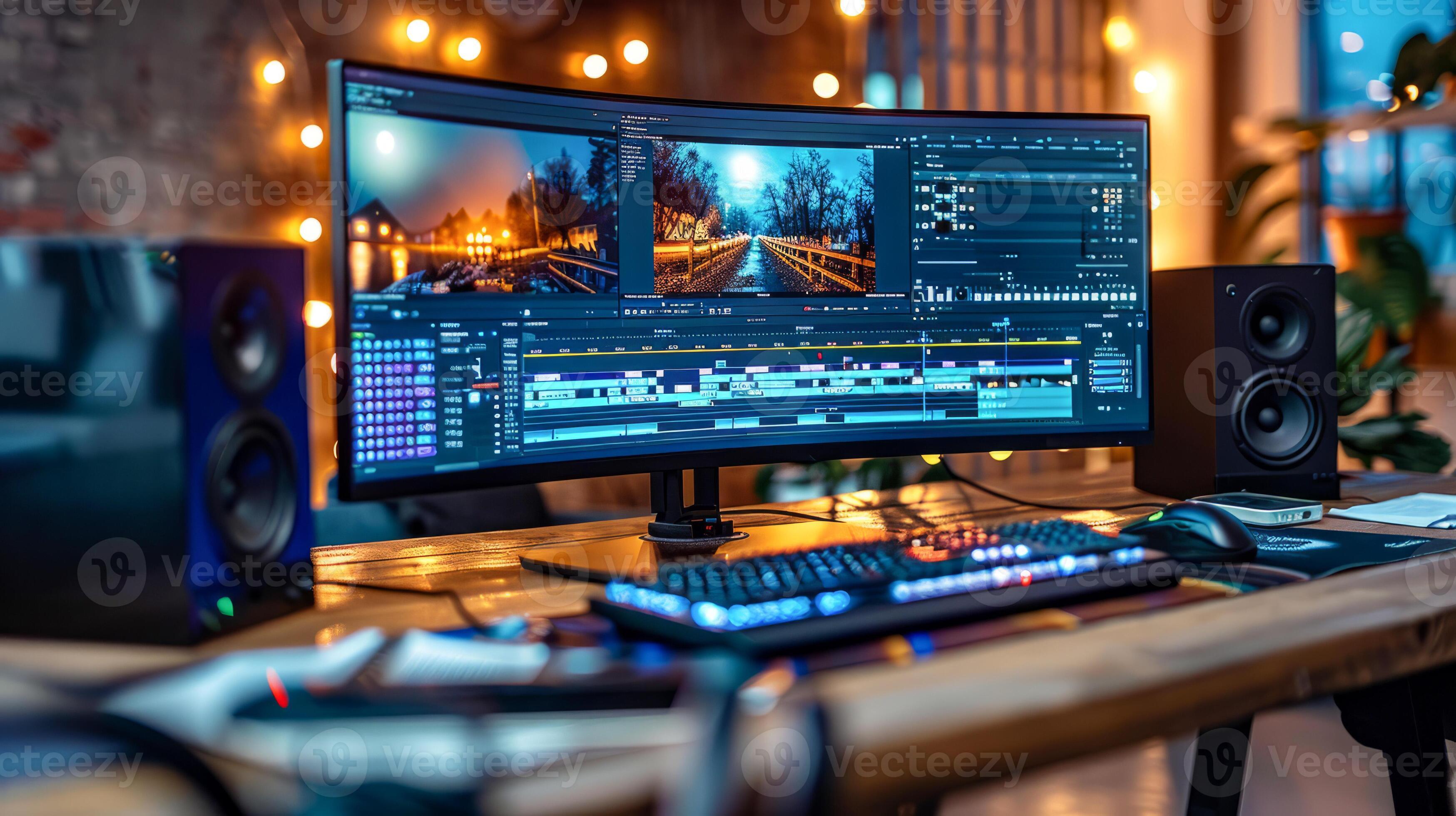 Professional video editing setup with dual monitors and speakers ...