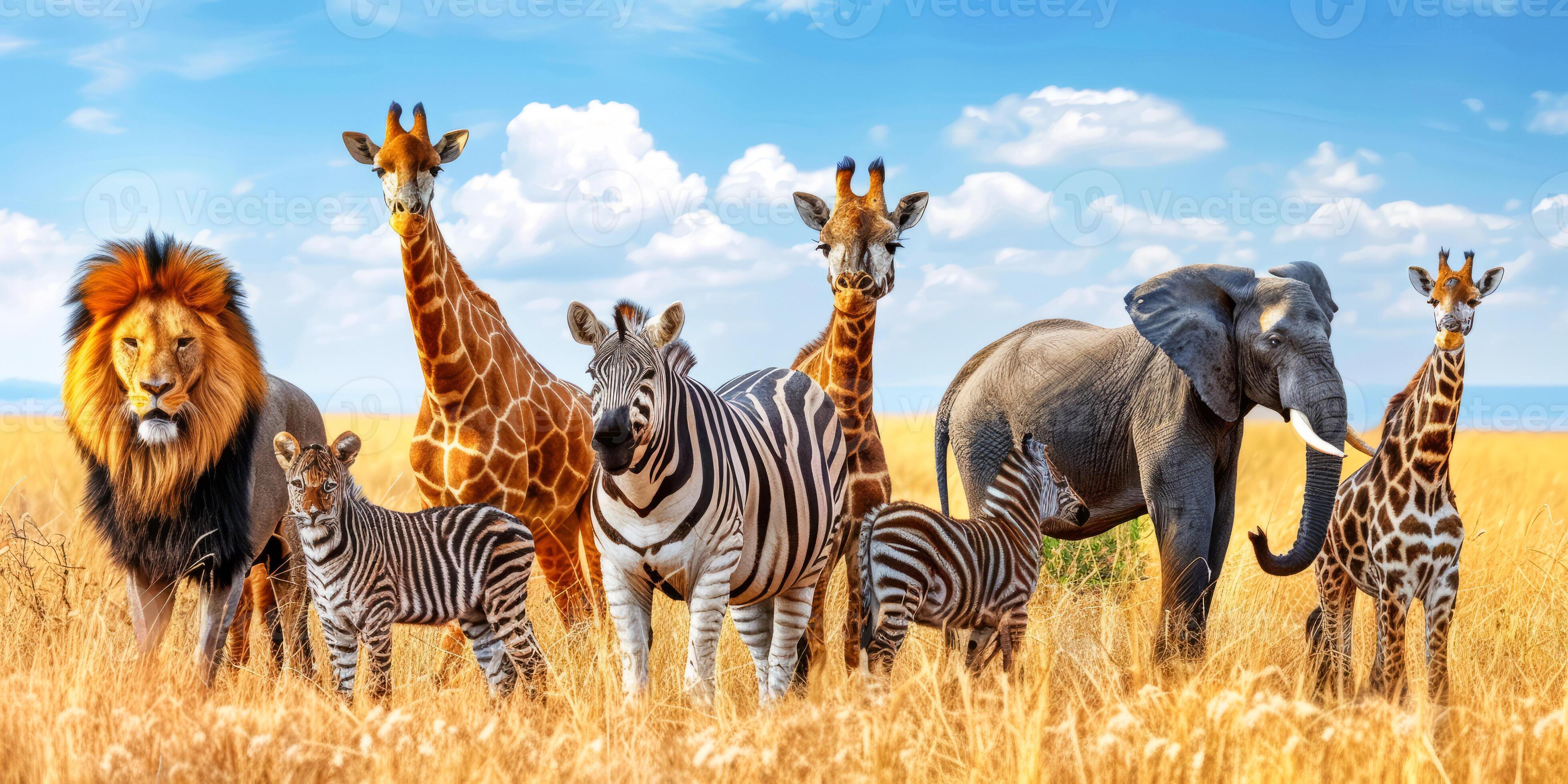 Majestic lion, giraffes, zebras, and elephant on African savanna ...