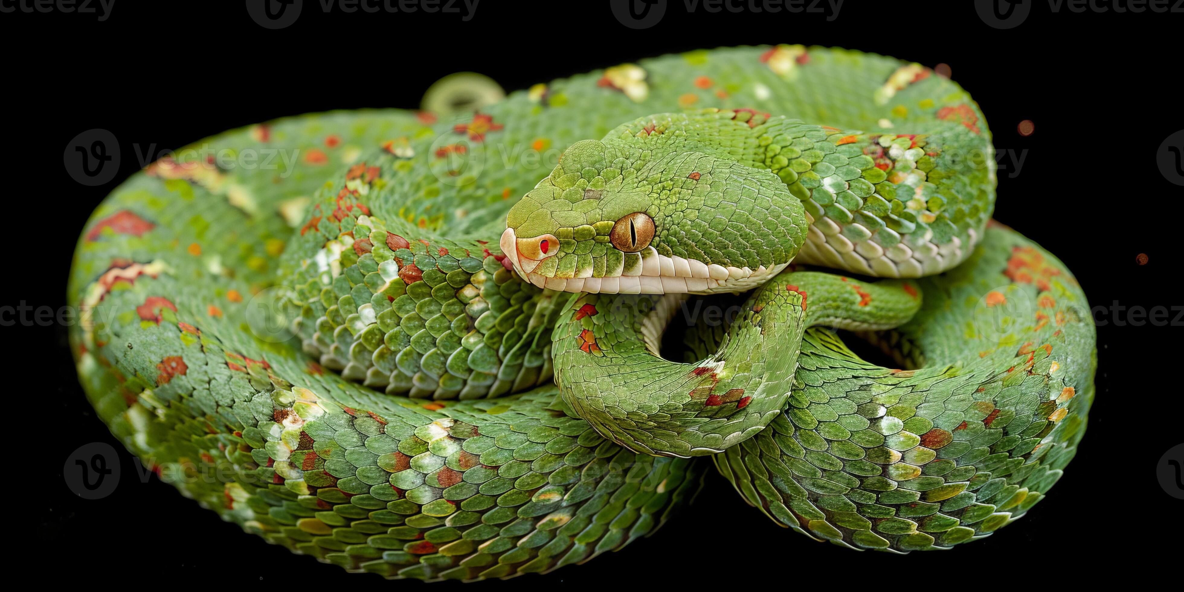 Coiled green pit viper with intricate scale patterns 48906328 Stock Photo at Vecteezy