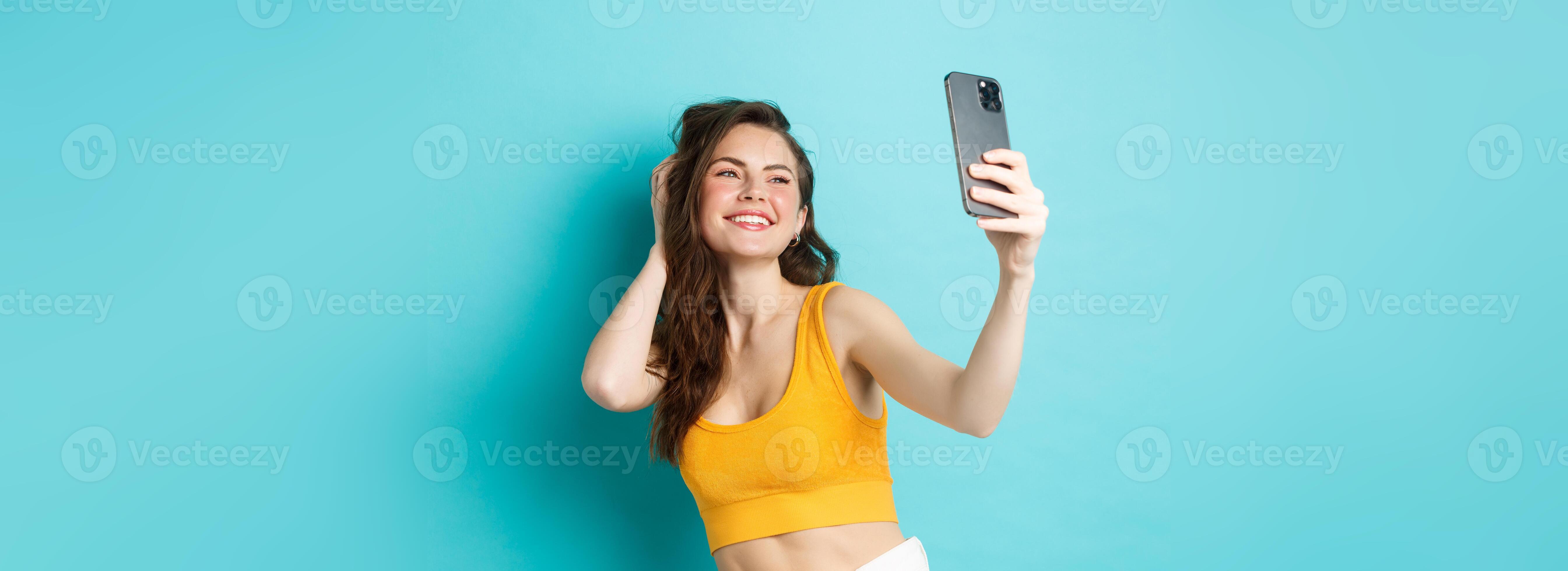 Beautiful Modern Girl Taking Selfies On Vacation Posing In Summer