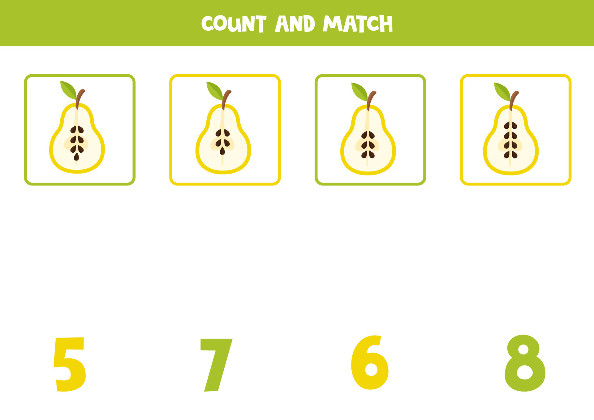 Counting game for kids. Count all pear seeds and match with numbers ...
