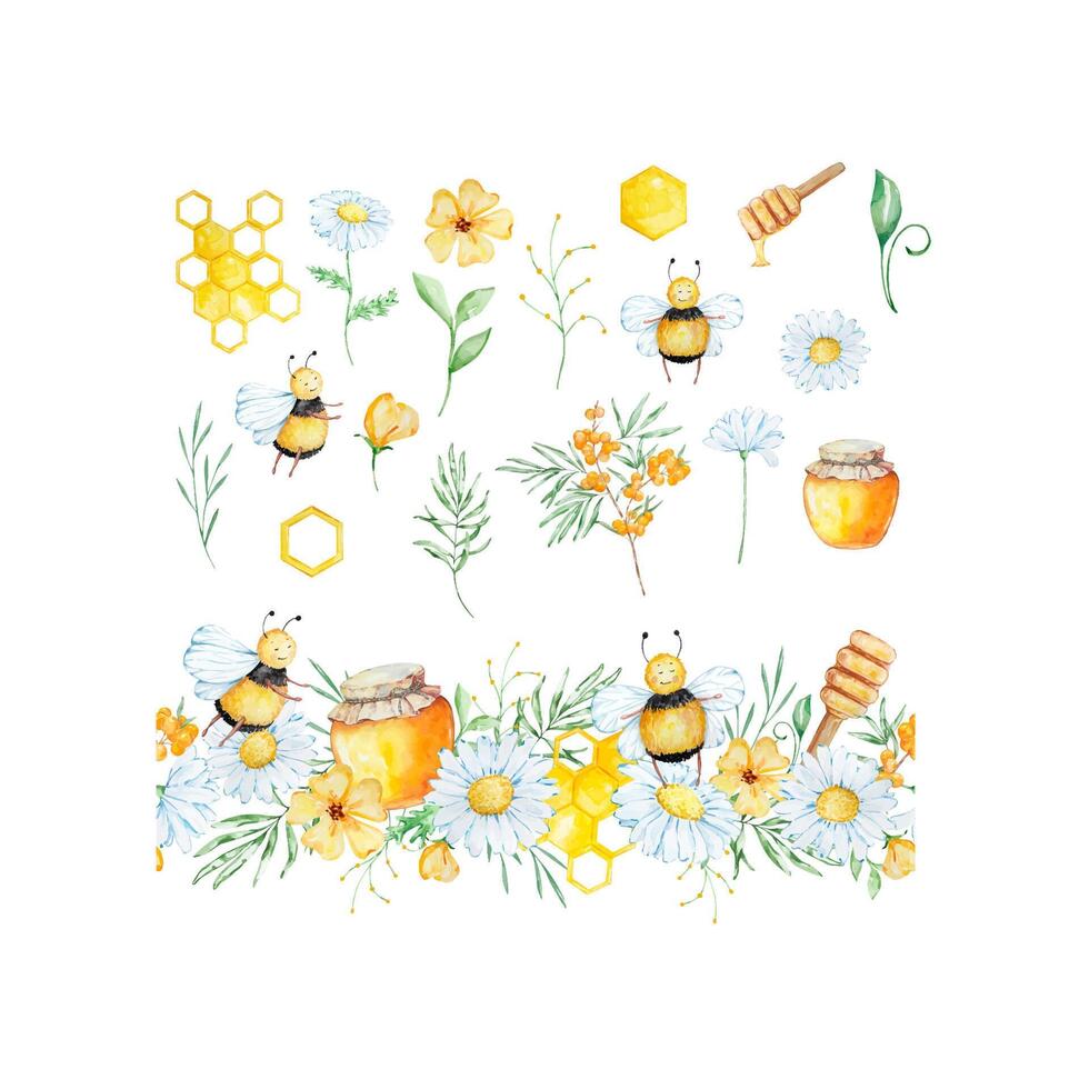 Watercolor floral seamless border with bee, honeycomb, daisy and ...