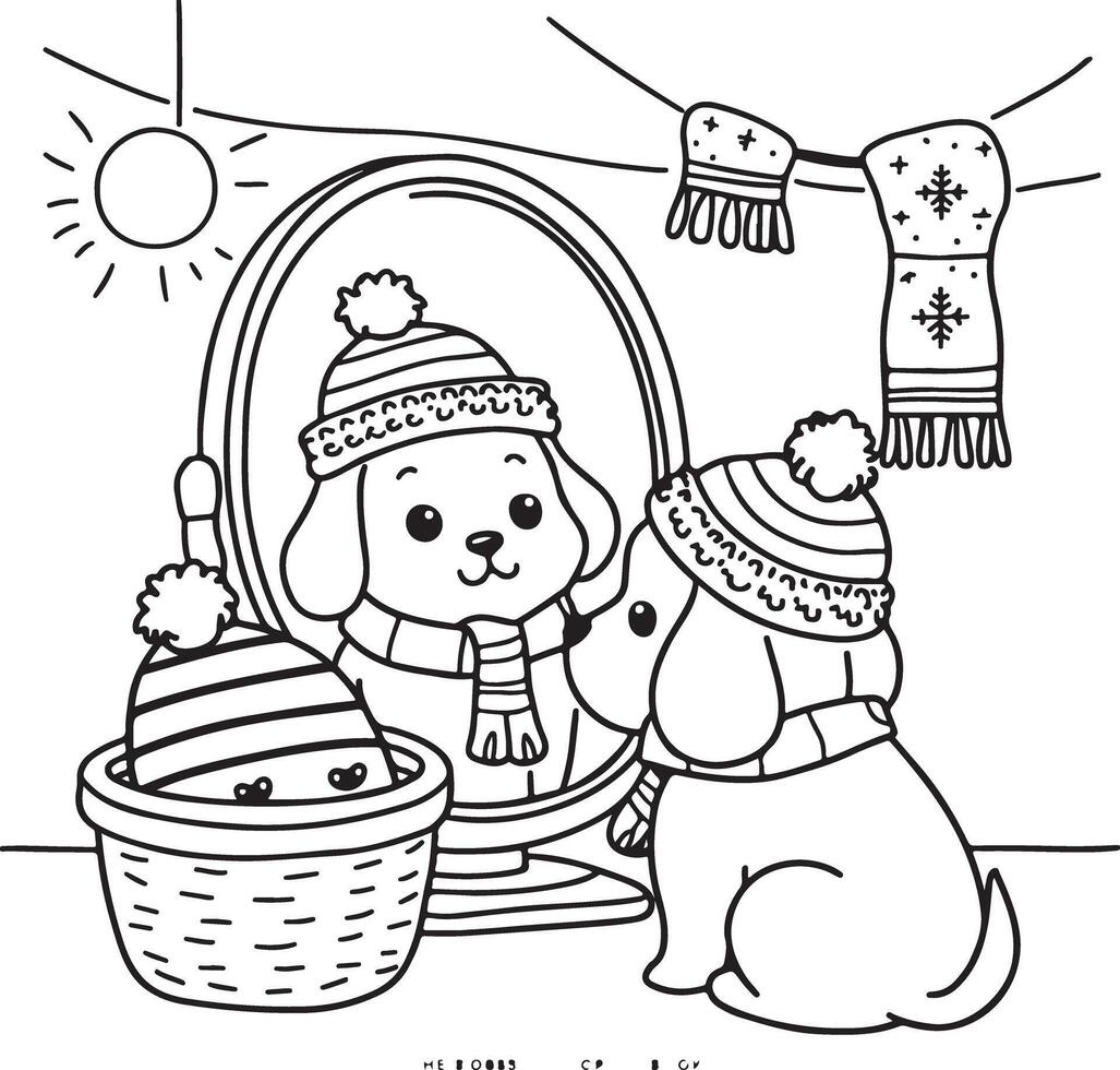dog looking into a mirror while trying on abobble hat and a scarf ... dog looking into a mirror while trying on abobble hat and a scarf ...
