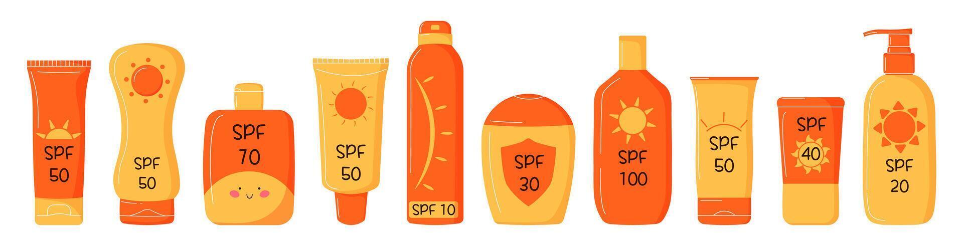 Set of sunscreen bottles with various SPF levels. Oil, balm, spray ... Set of sunscreen bottles with various SPF levels. Oil, balm, spray ...