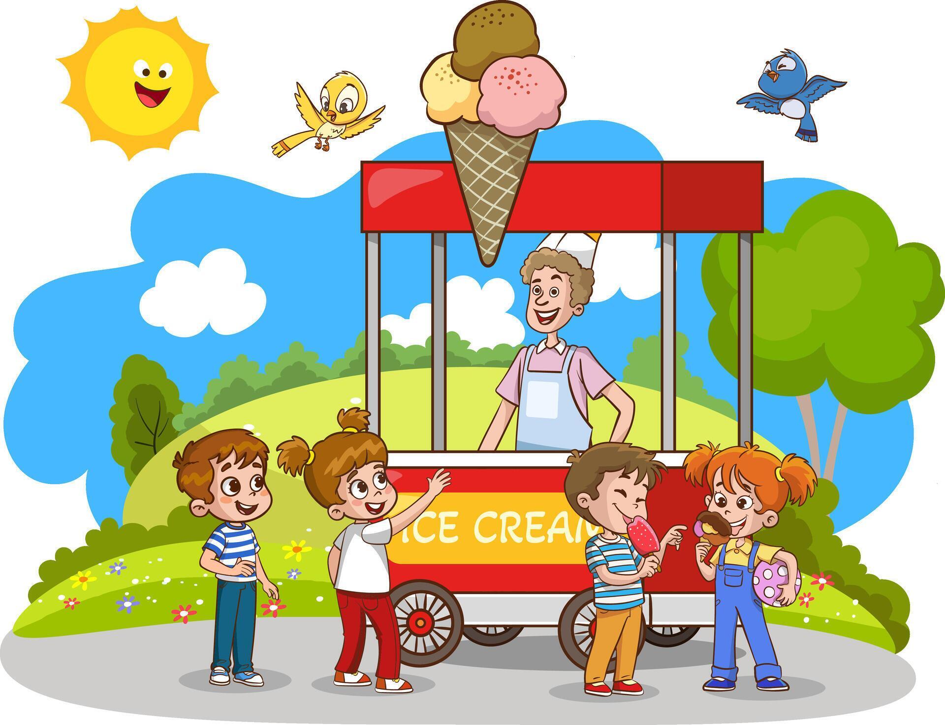 illustration of little kids buying ice cream from ice cream cart ...