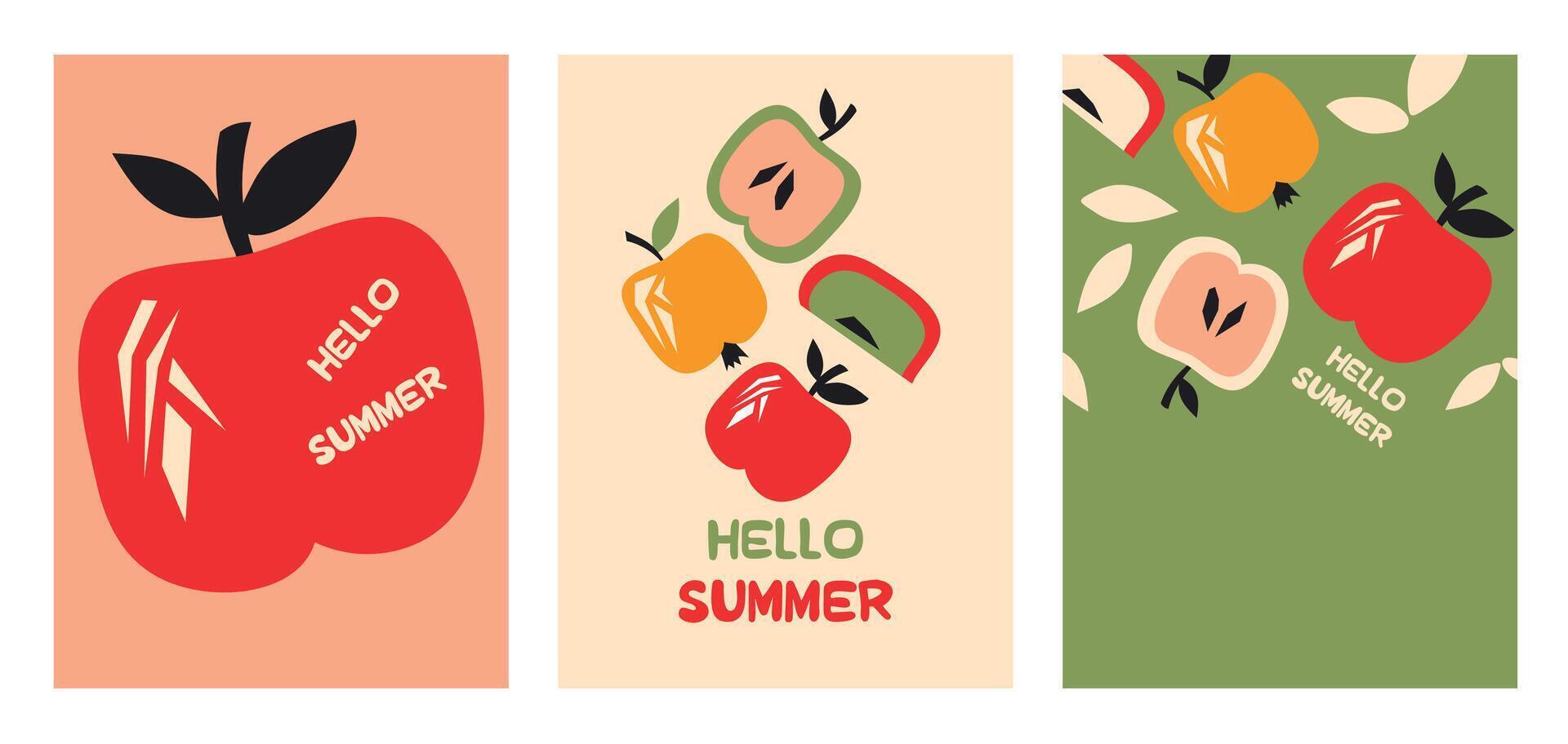 verano póster manzana conjunto en plano estilo. frutas brillante ...