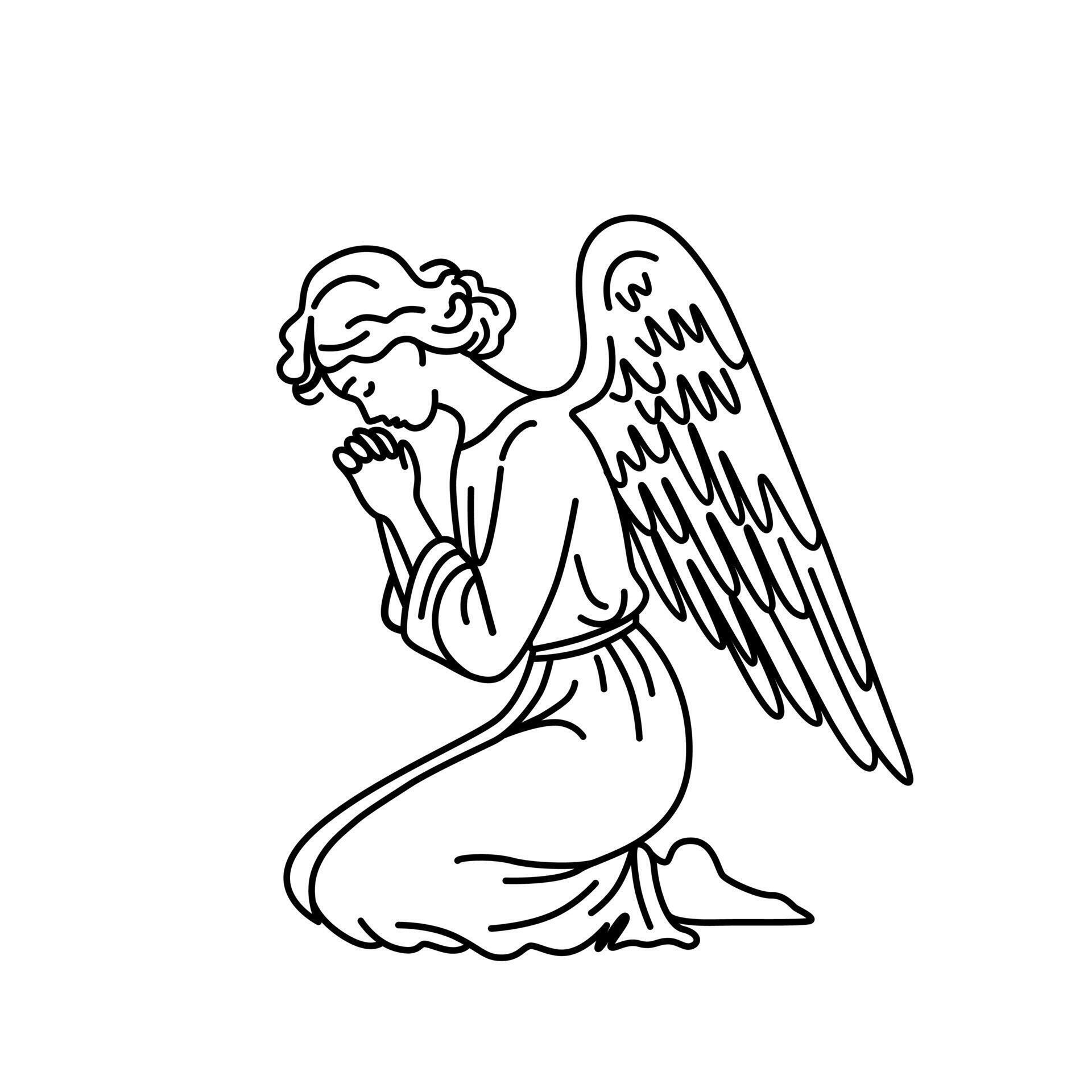 illustration of angel with wings isolated on white background. Kneeling angel line art ...