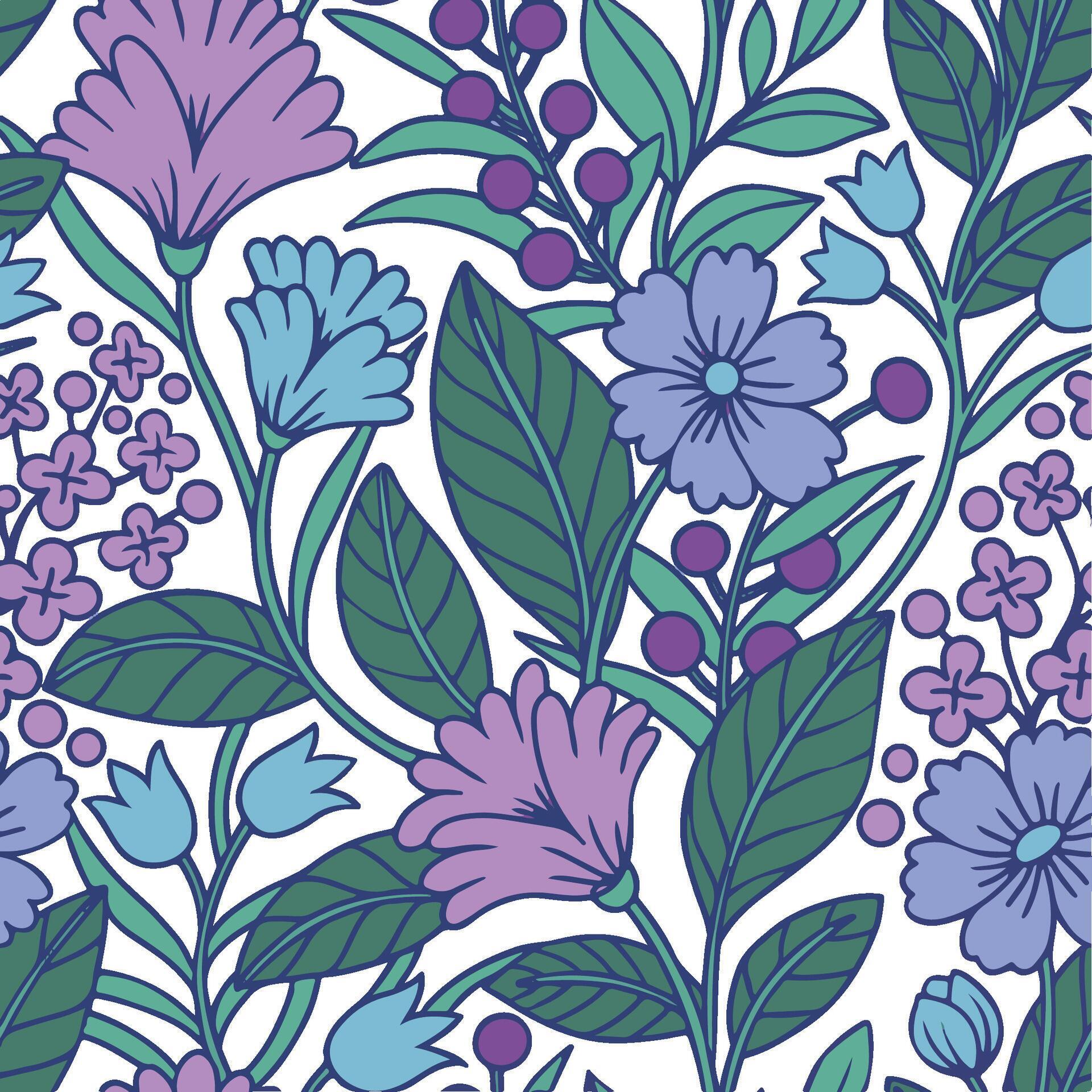 seamless pattern with fantastic flowers and leaves. blue and purple ...