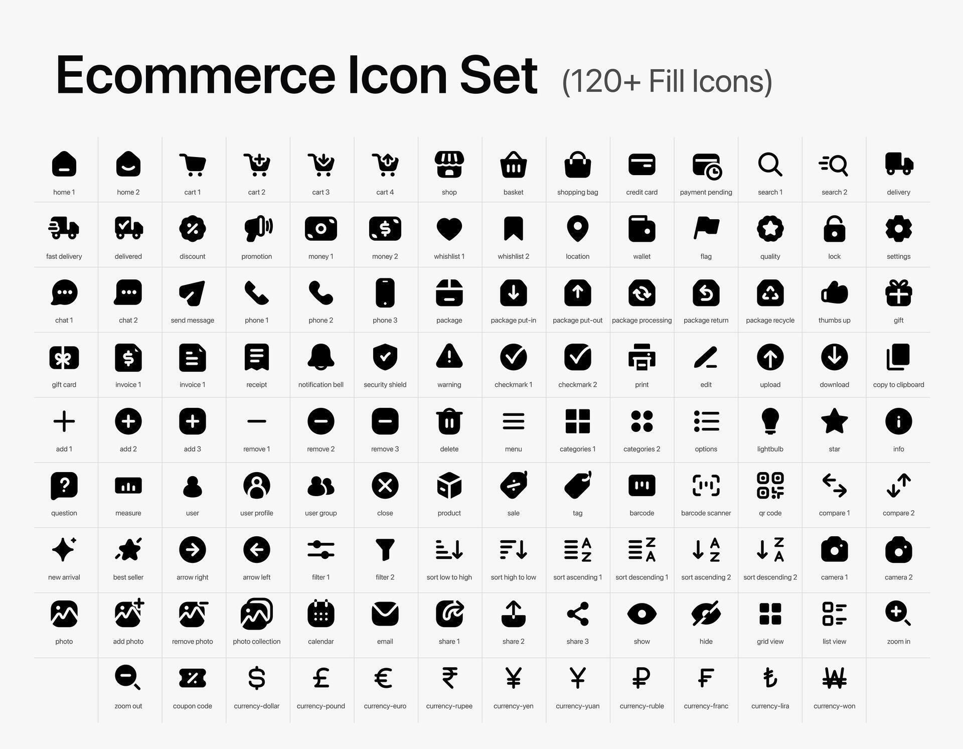 E commerce Icon Set 120 Fill Icons. Online shopping, Cart, and Delivery ...
