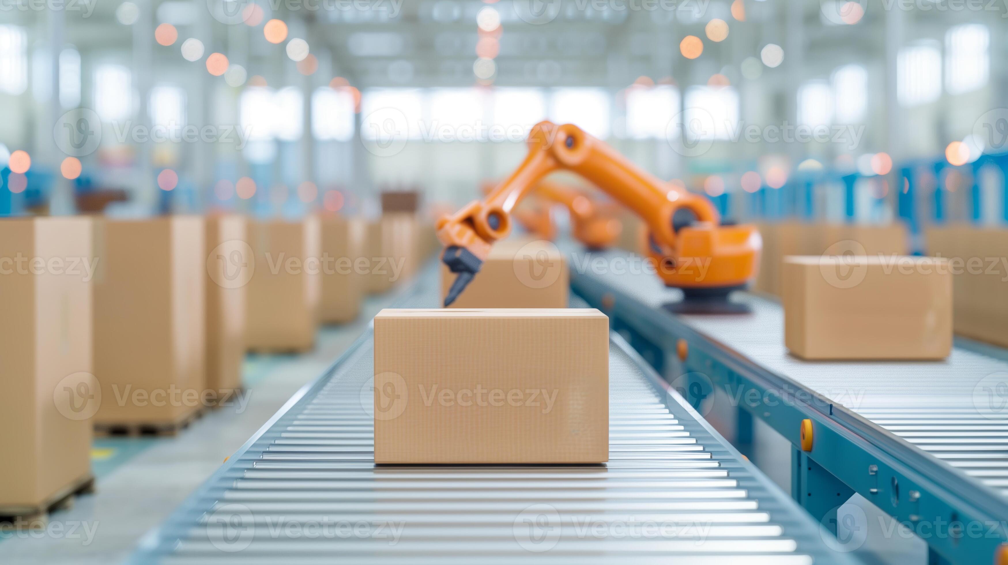 Automated Robot Arm in Modern Warehouse Moving Cardboard Boxes on Conveyor Belt for Efficient ...