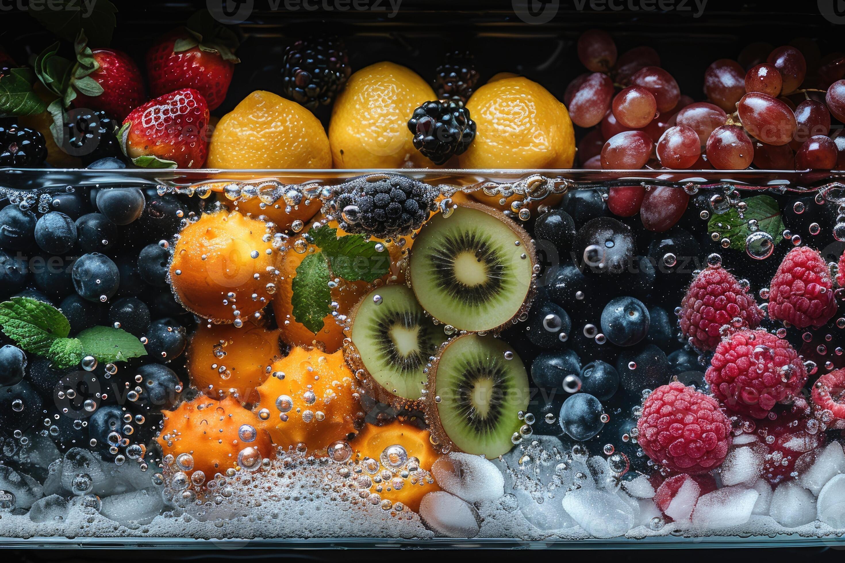 Assortment of Fresh Fruits and Berries Submerged in Water with Ice Cubes 49000675 Stock Photo at ...