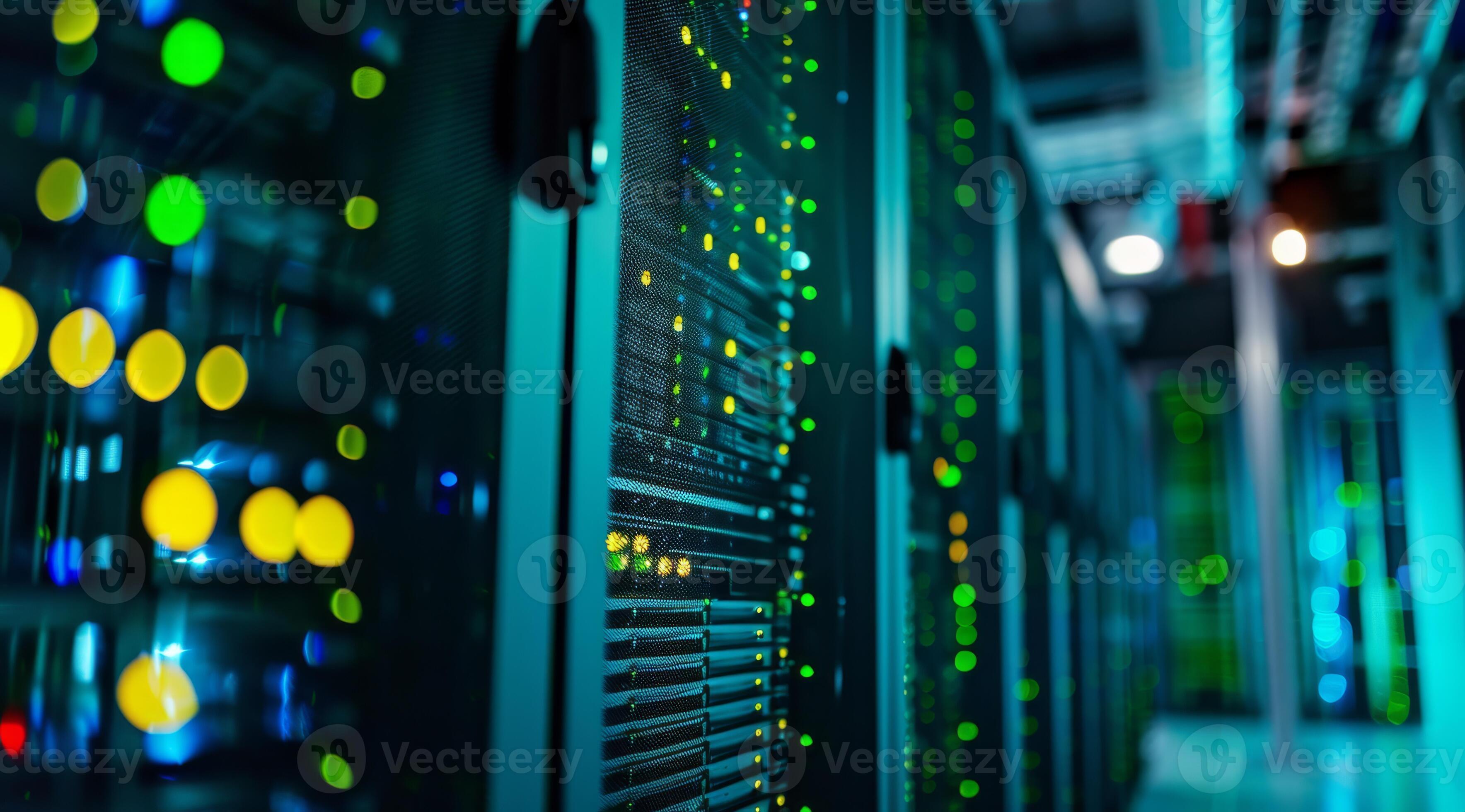 An upclose view that captures a data centers server racks beautifully illuminated by a variety ...