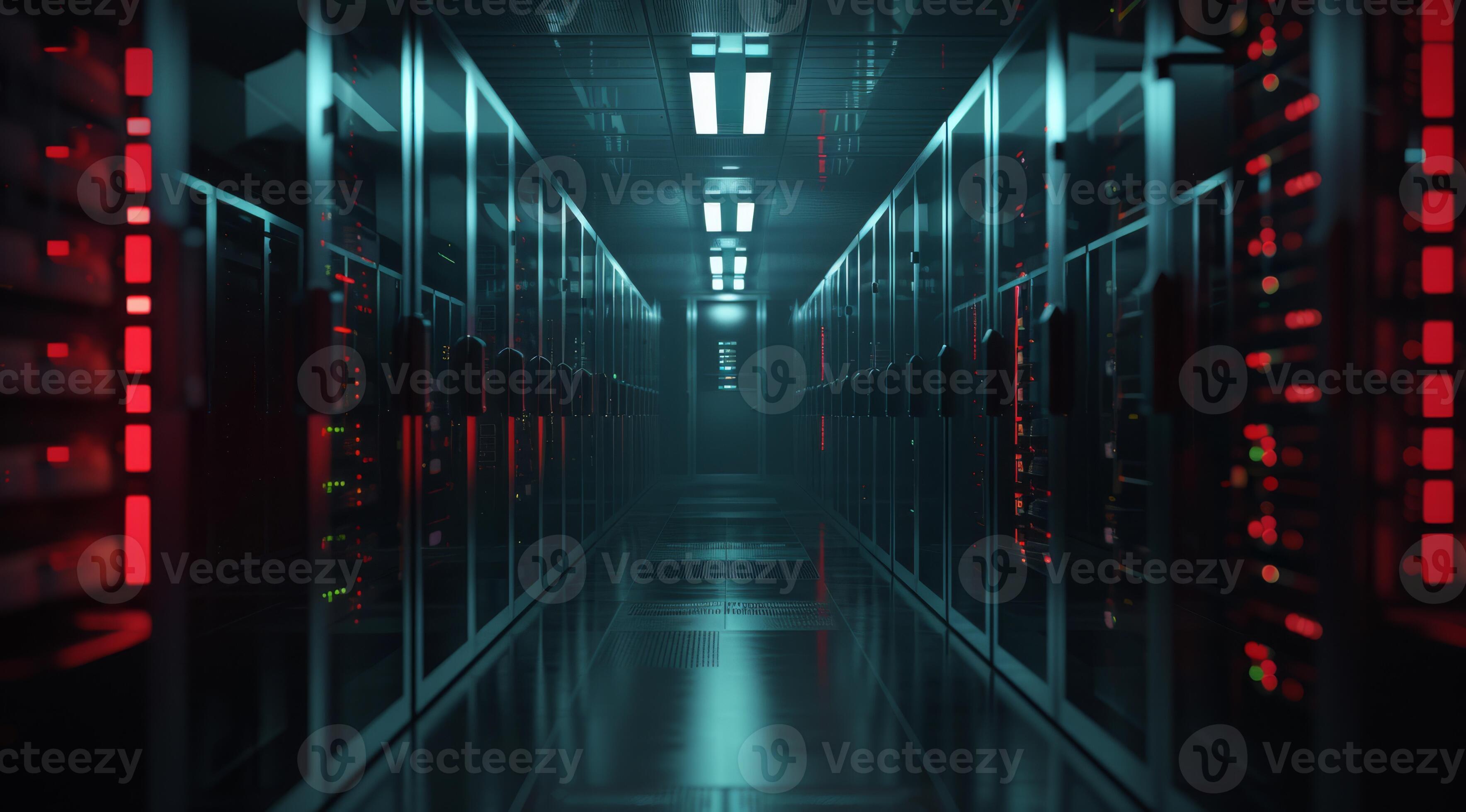 A futuristic data center corridor is vividly showcasing illuminated server racks and advanced ...