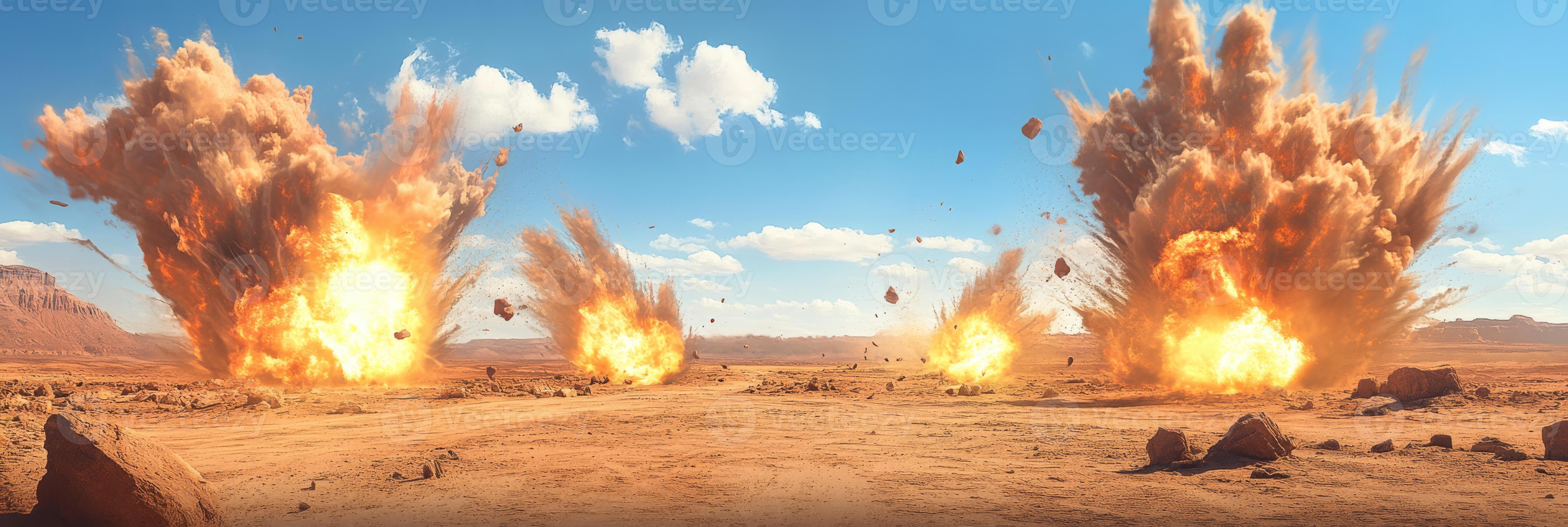 Powerful explosions dynamically erupt in a vast desert, showcasing ...