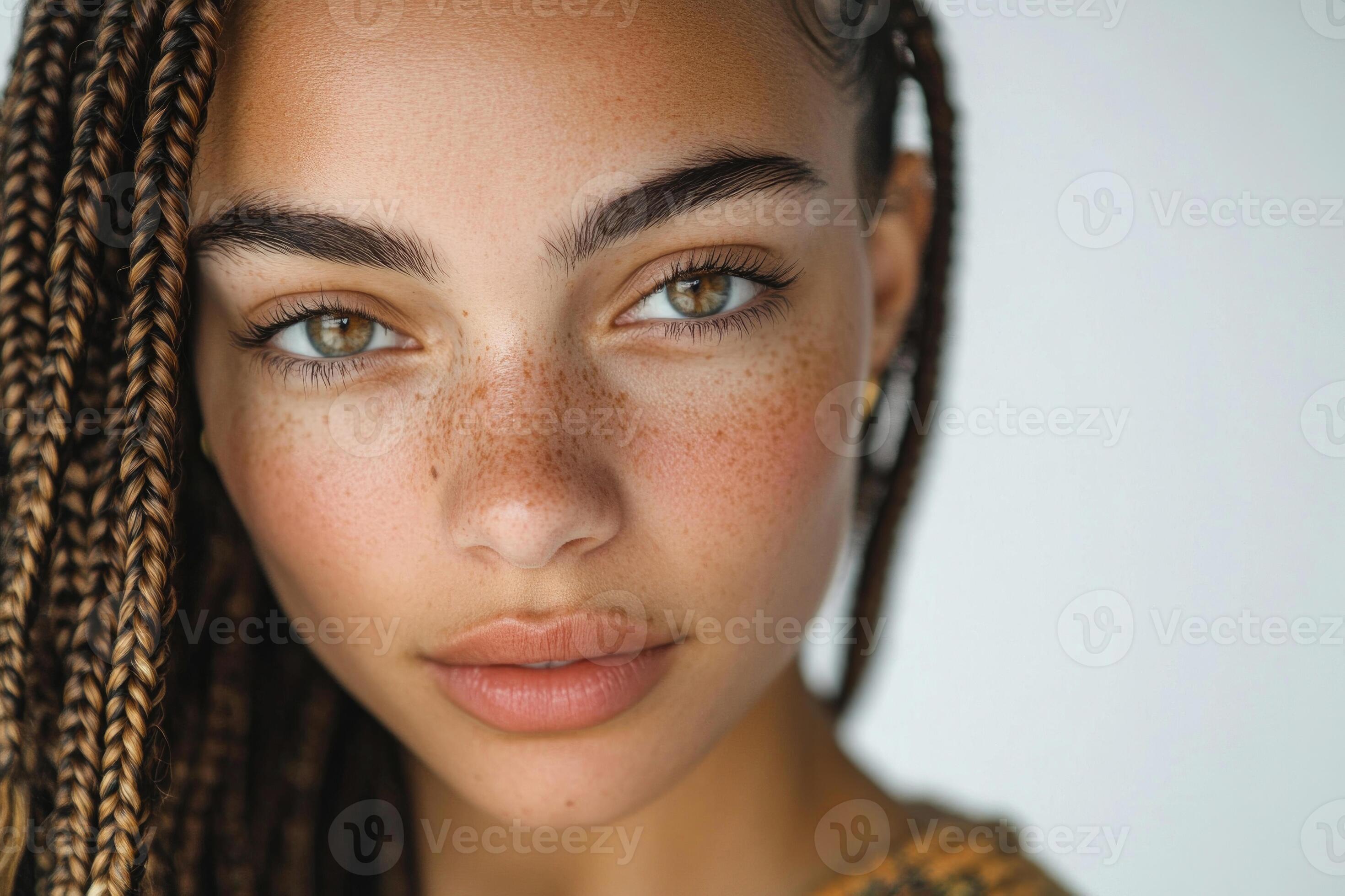 Close-up portrait of a young beautiful woman with boho braids on a white studio background ...