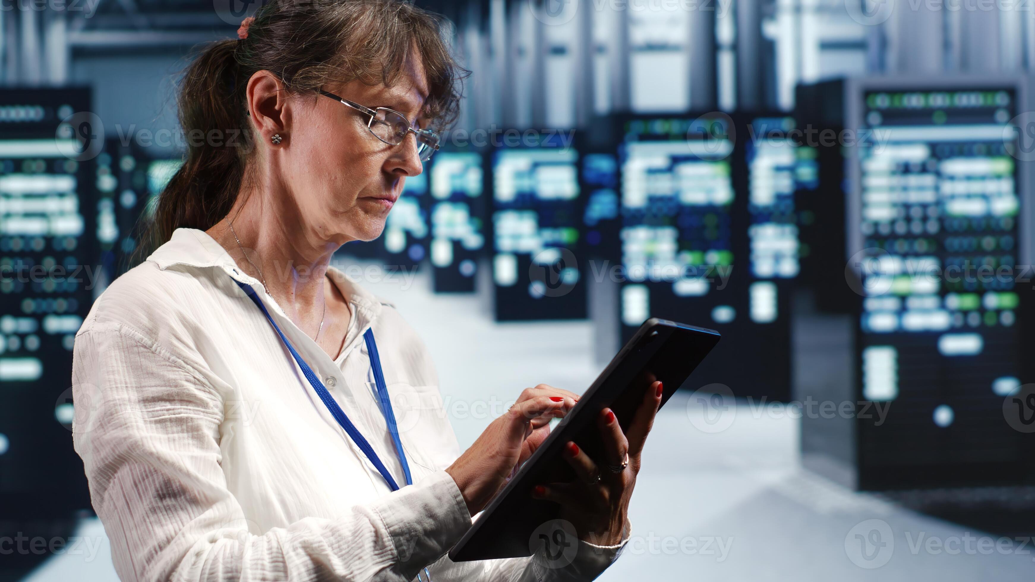 Octogenarian system administrator working in data center housing GPU dedicated server rigs that ...