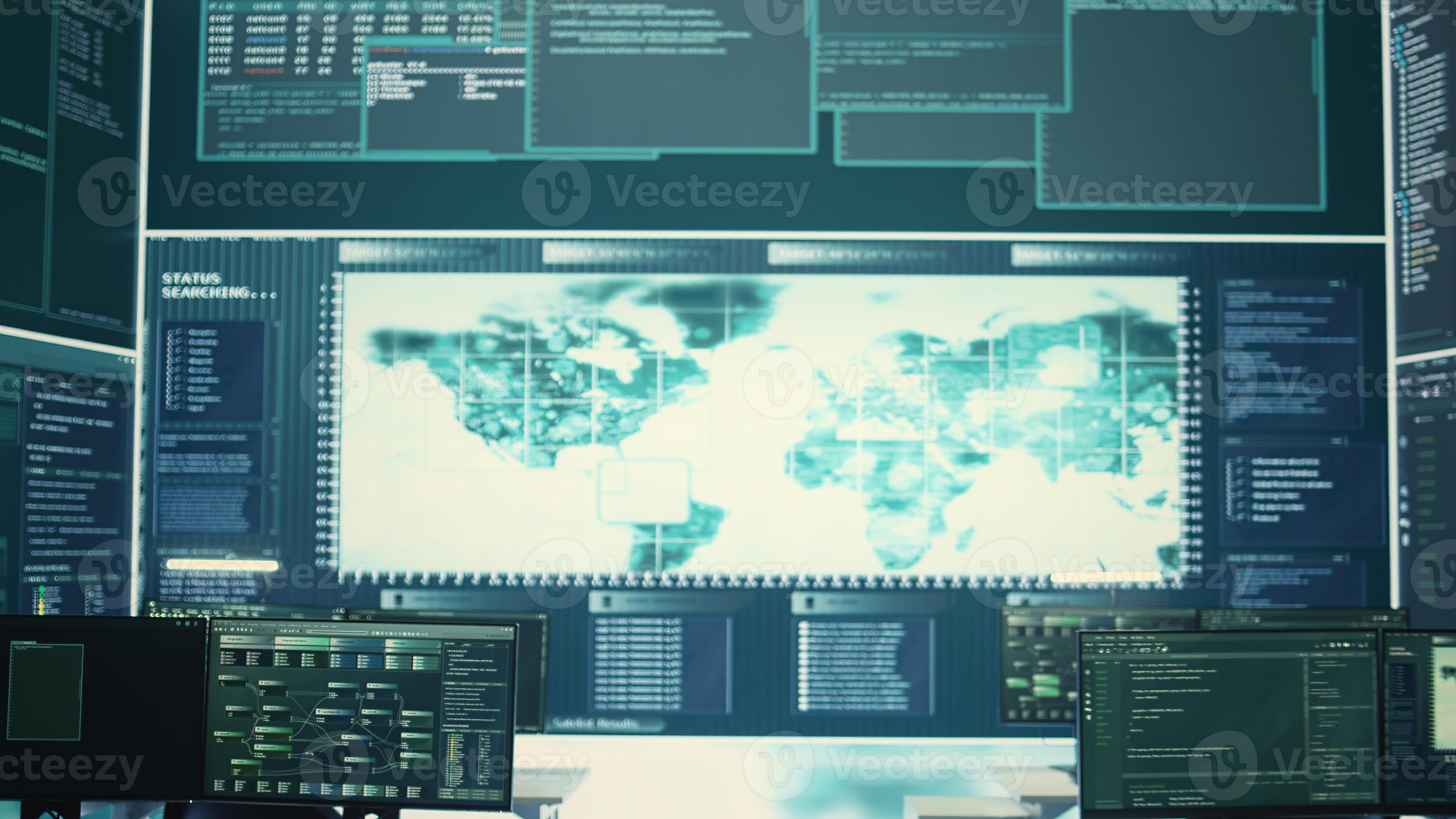 Empty Cyber Operations Center For Governmental Hacking And Threat Detection Equipped With