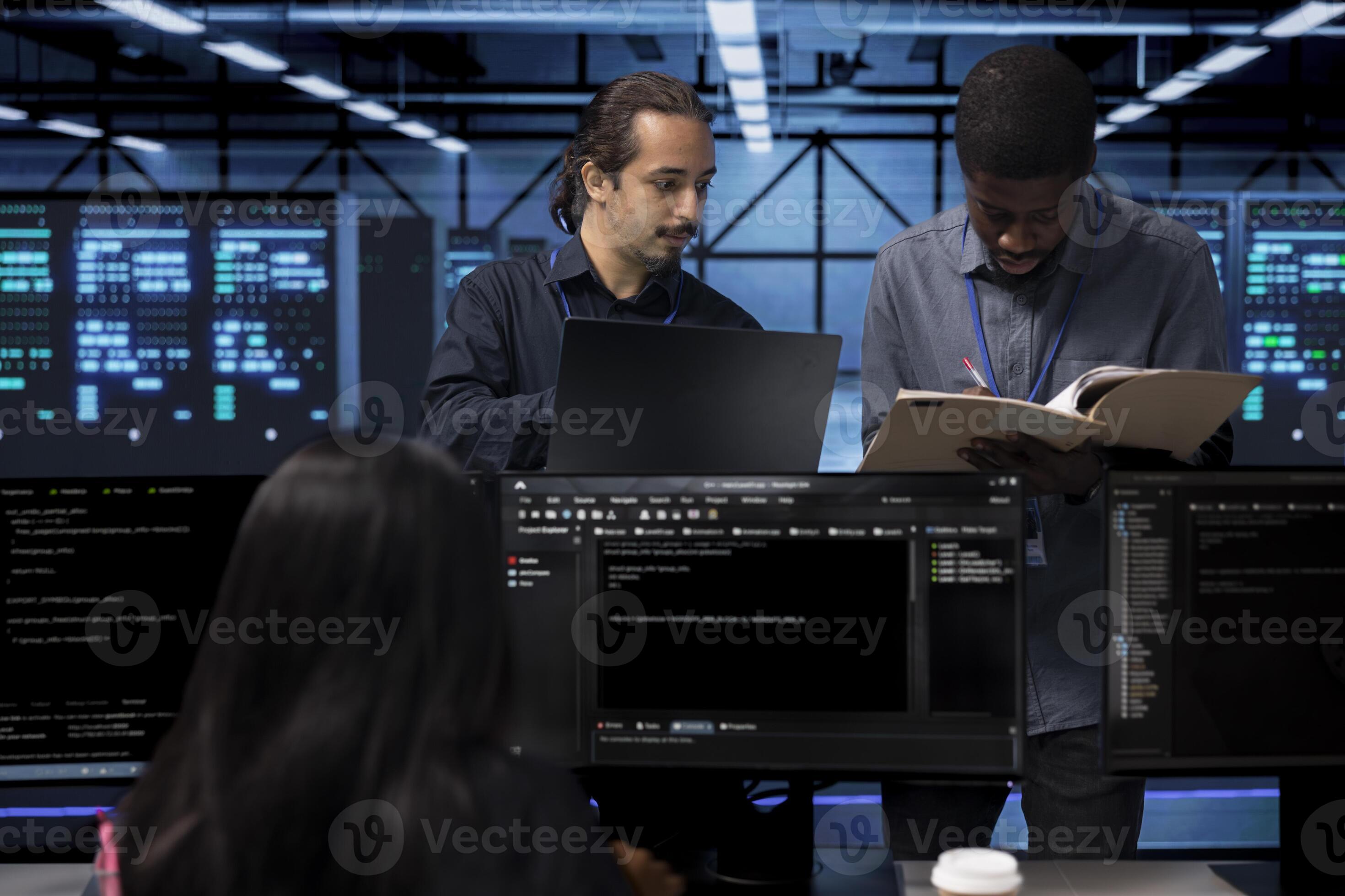 Manager Inspecting Team Of Technicians Overseeing Data Center Looking