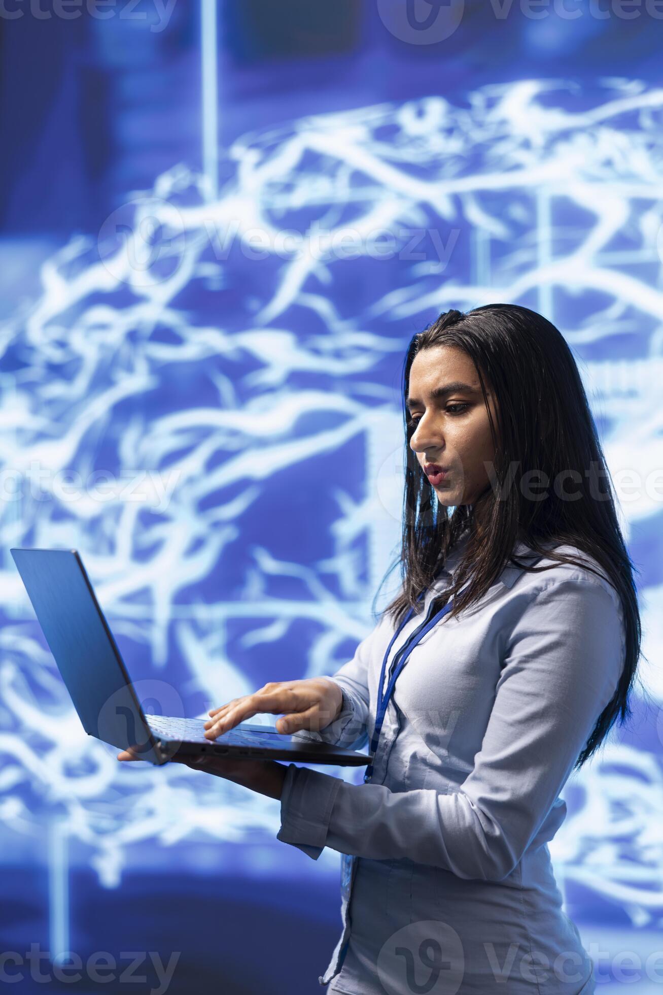 Software Engineer Solving Tasks On Laptop Running Artificial Intelligence Programming Scripts