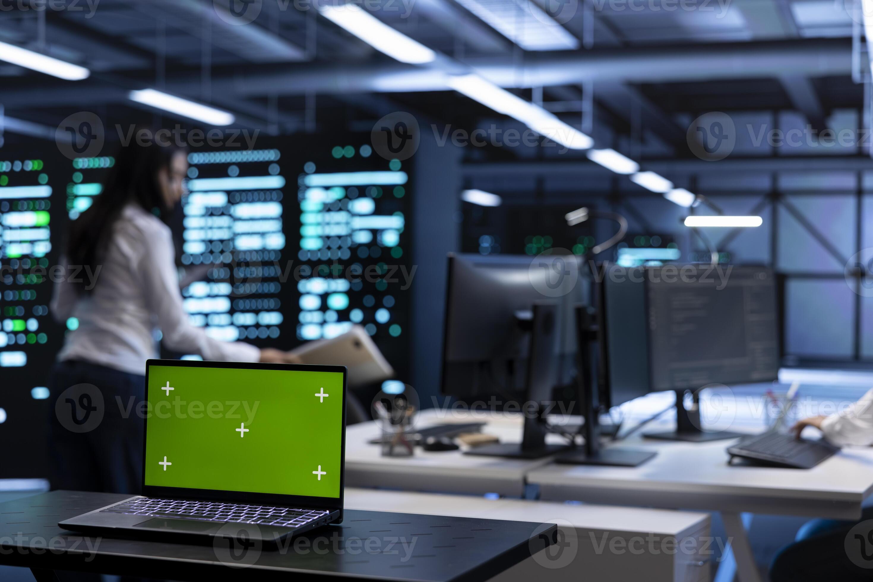 Focus on isolated screen laptop in data center facility managing ... Focus on isolated screen laptop in data center facility managing ...