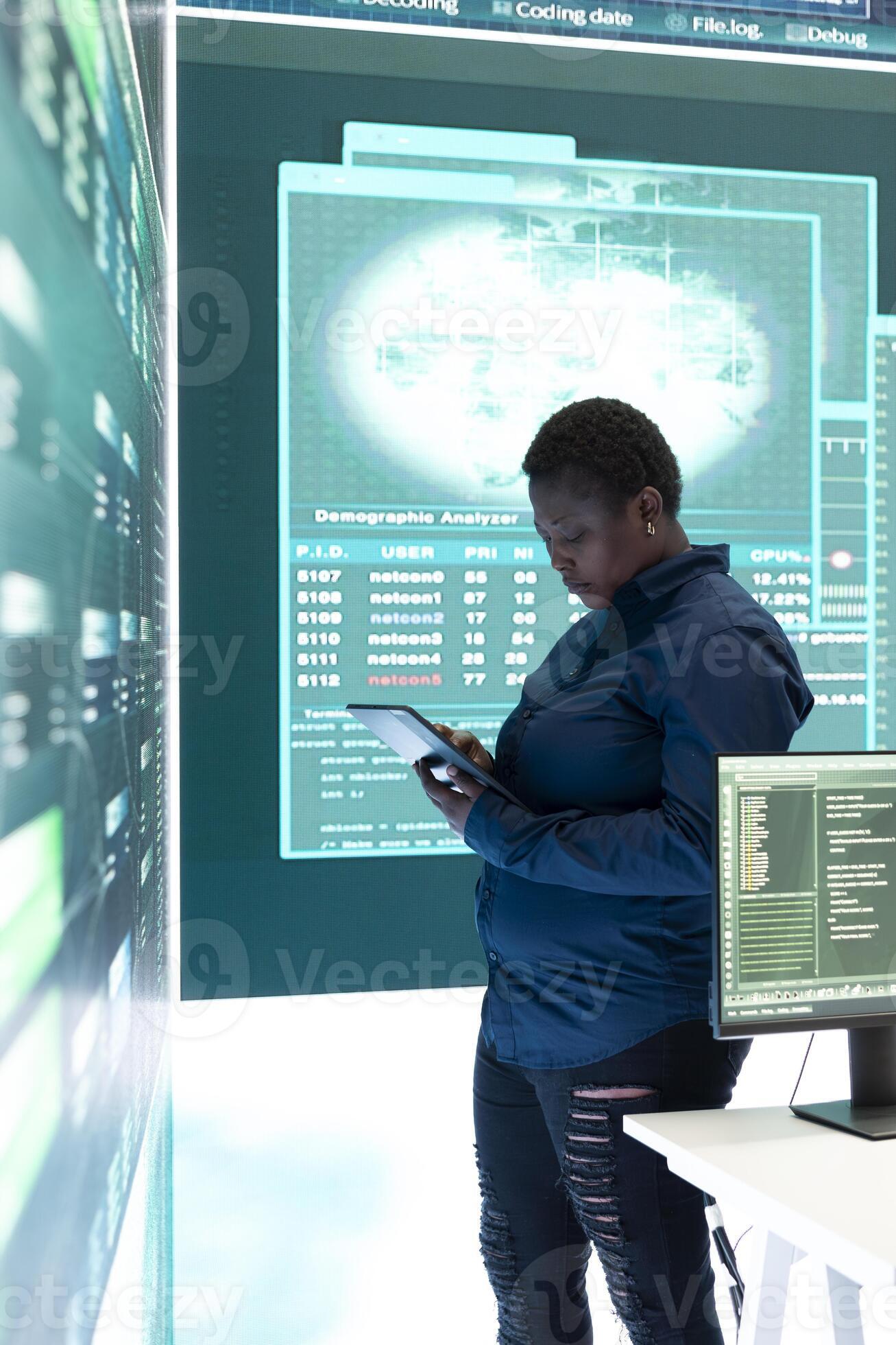 Governmental Hacker Woman Working With A Tablet And Big Screen In High Tech Office Focusing On