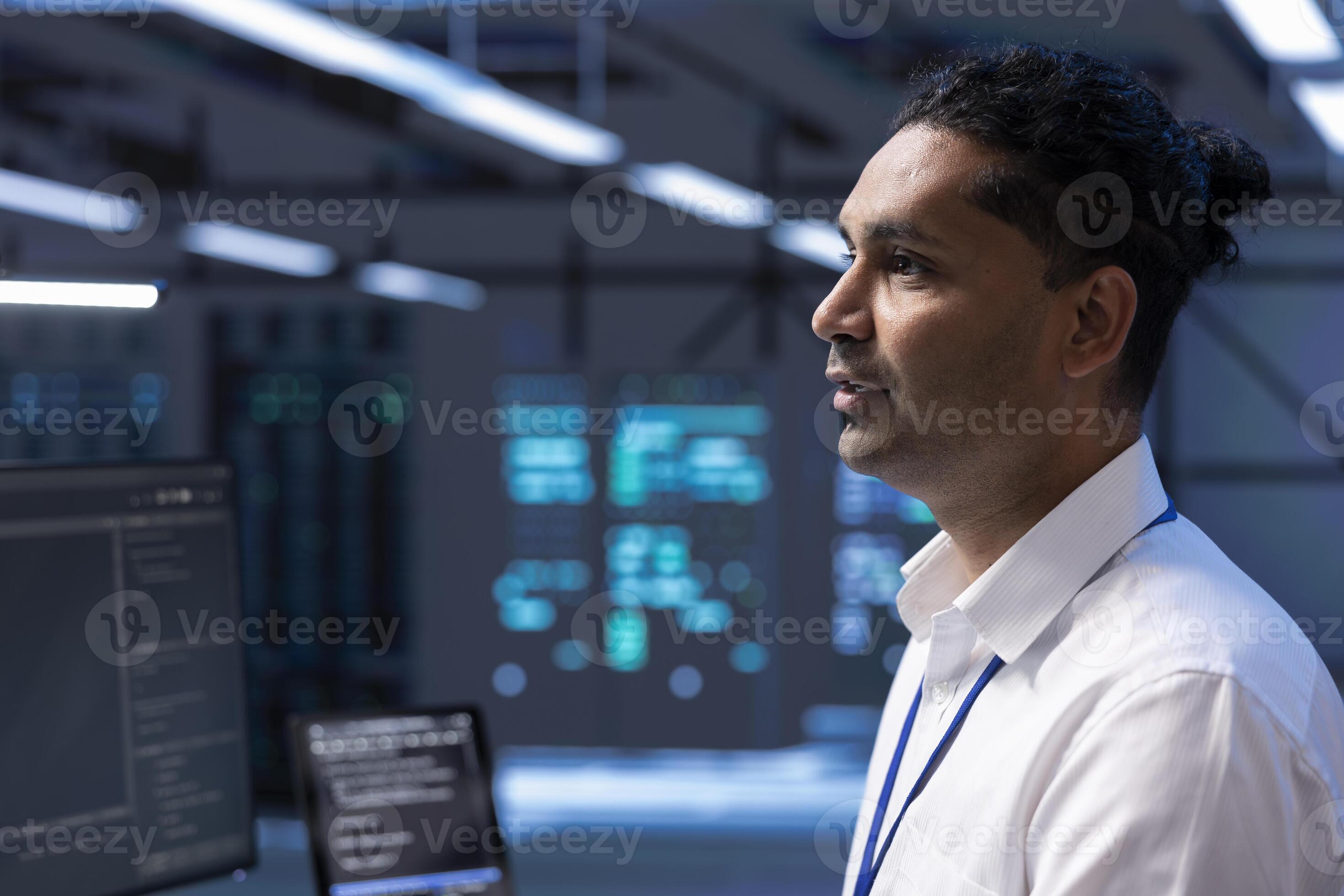 Technician Doing Yearly Maintenance Checkup Using Pc To Prolong Data